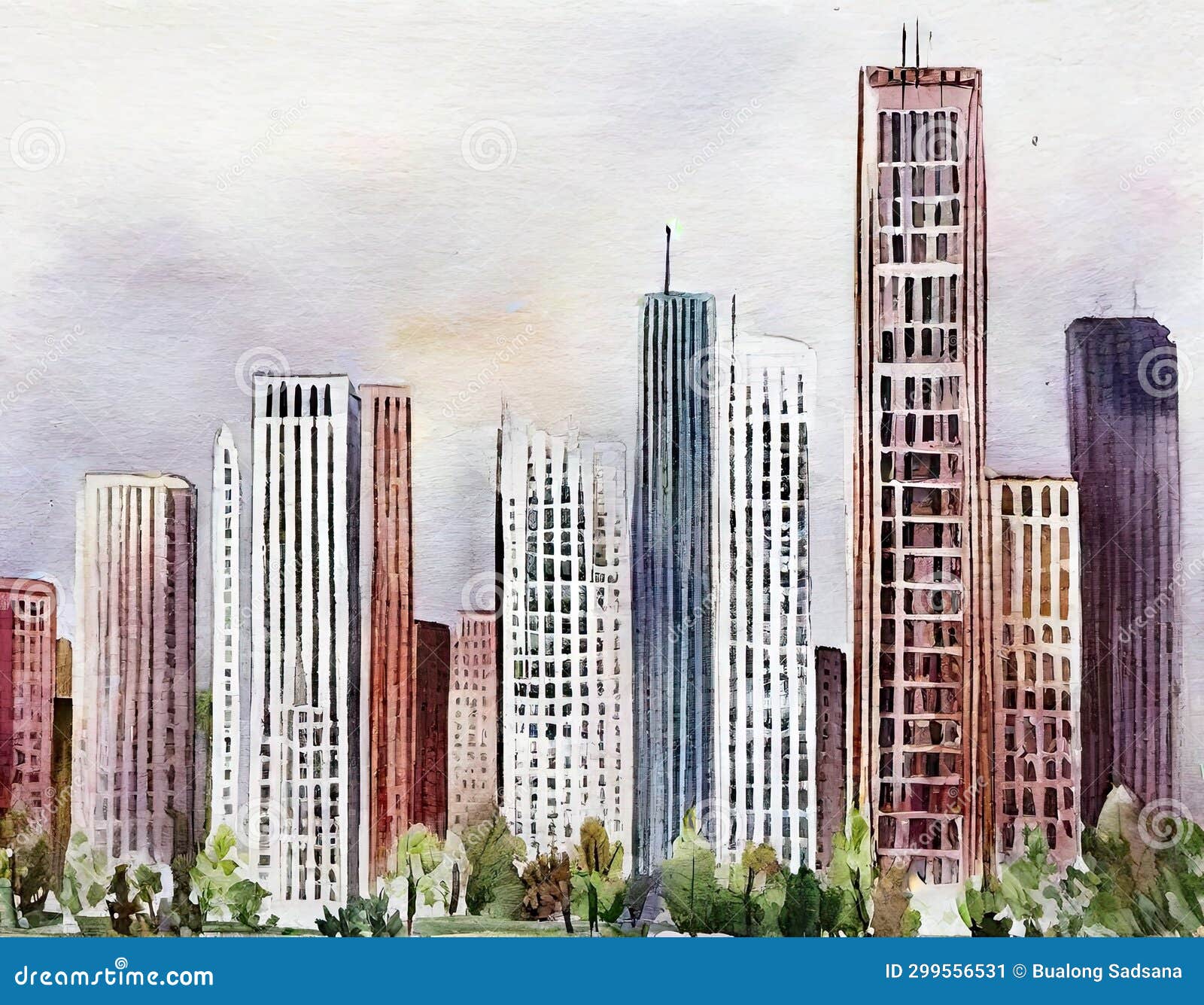 Watercolor of a Skyscraper with Setbacks and a Terraced Stock ...