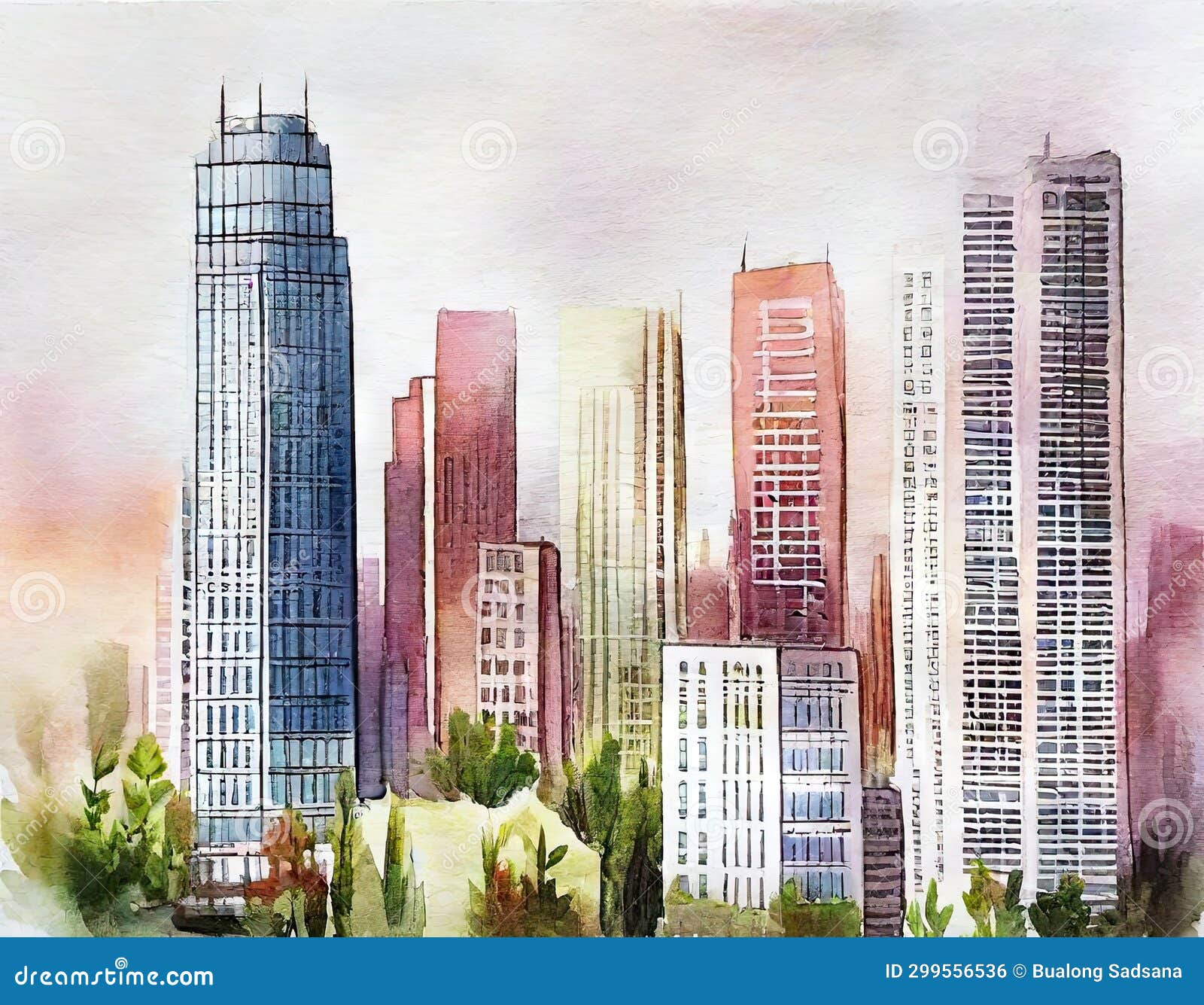 Watercolor of a Skyscraper with Setbacks and a Terraced Stock ...