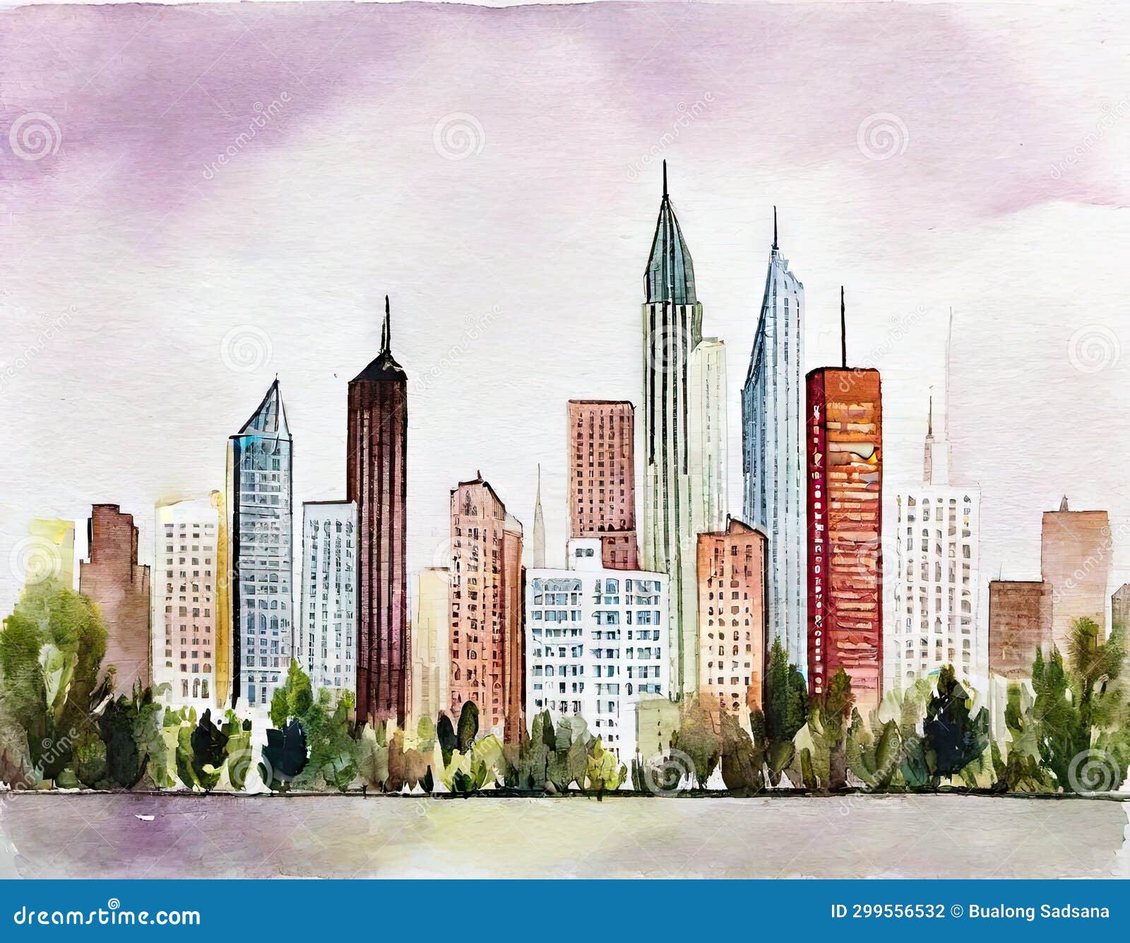 Watercolor of a Skyscraper with Setbacks and a Terraced Stock ...