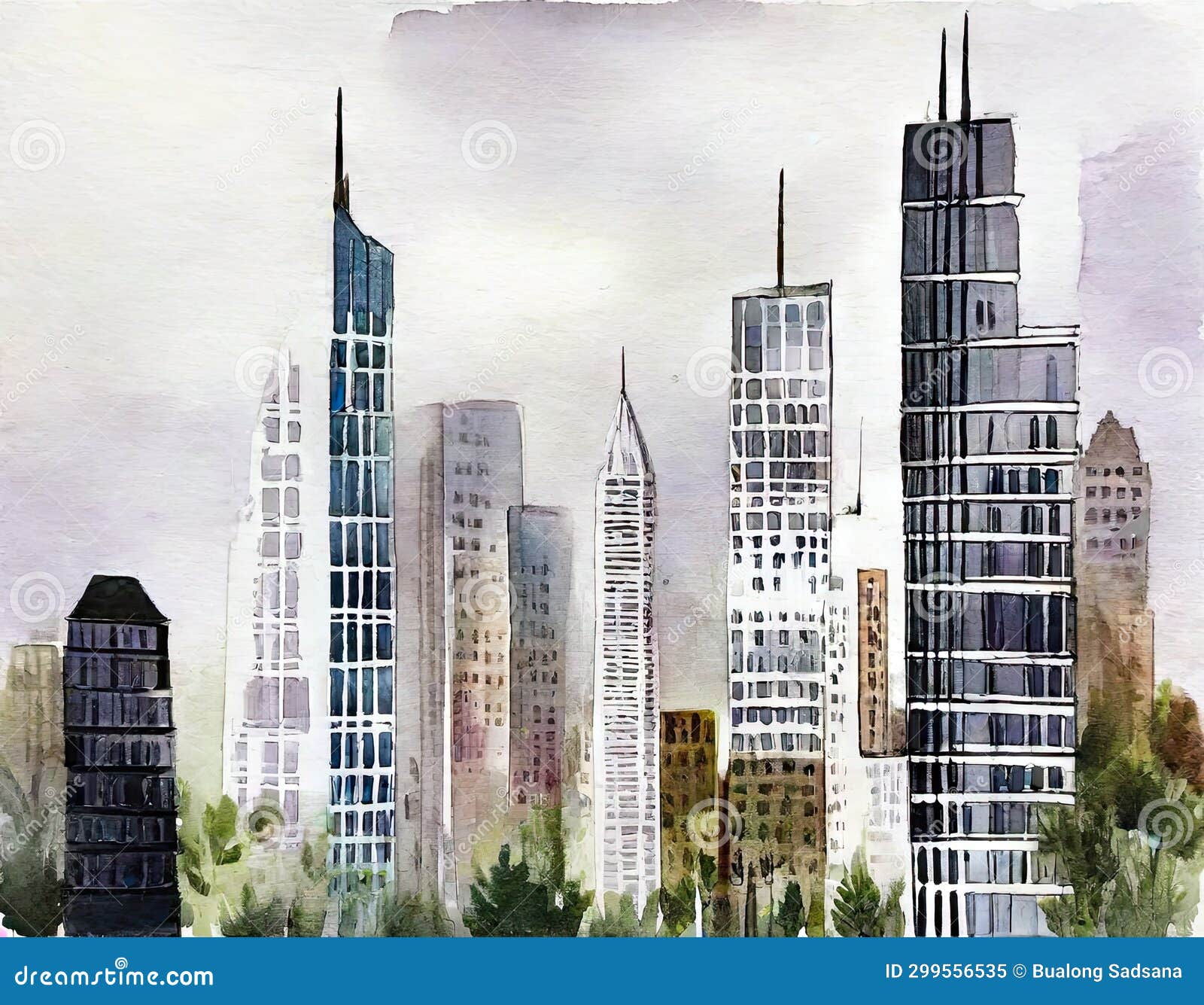 Watercolor of a Skyscraper with Setbacks and a Terraced Stock ...