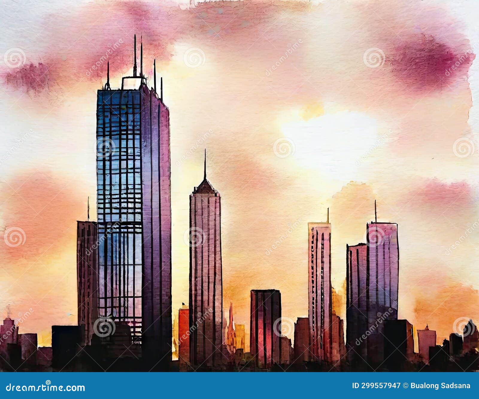 Watercolor of Skyscraper at the Sunset Stock Illustration ...