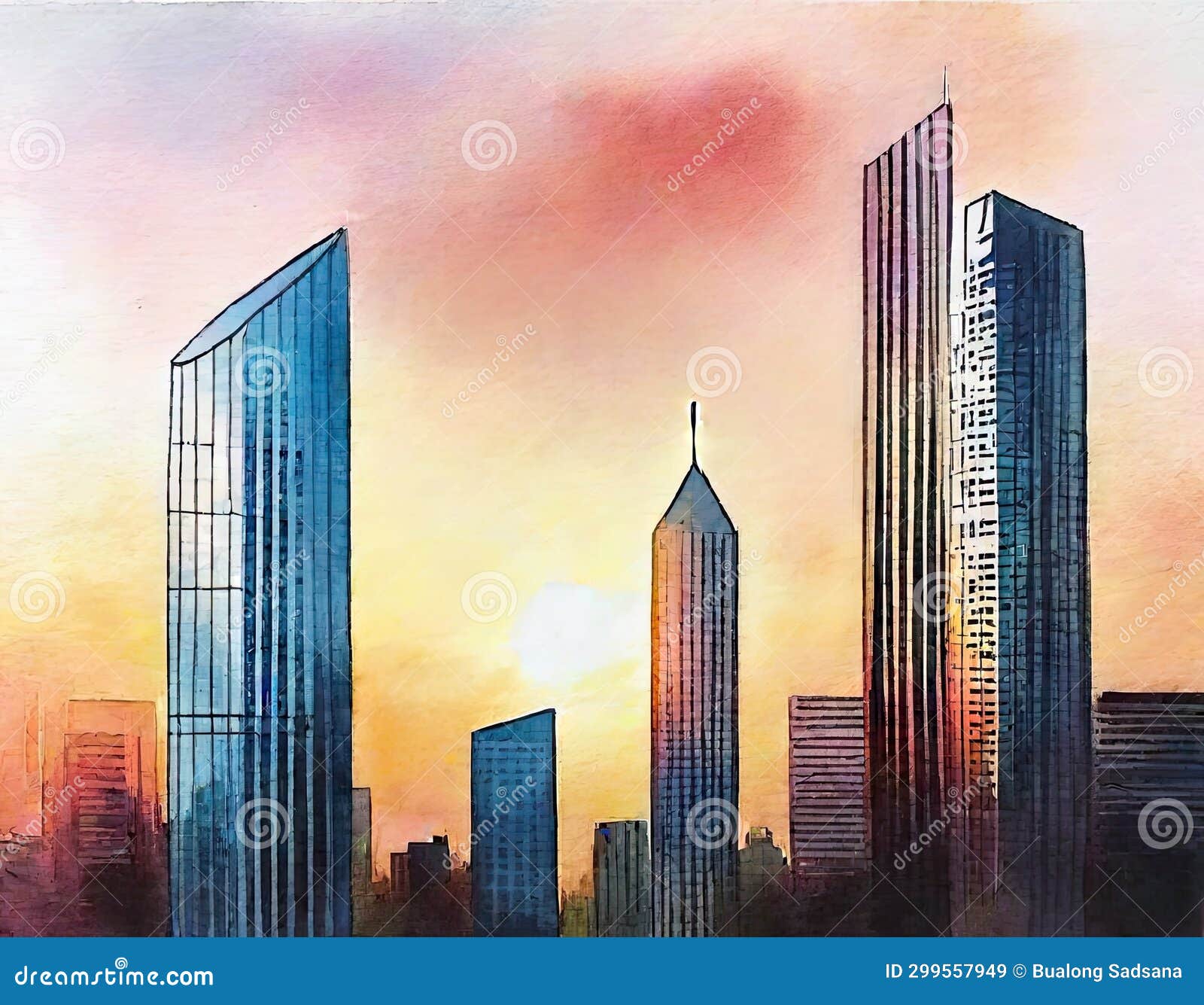 Watercolor of Skyscraper at the Sunset Stock Illustration ...