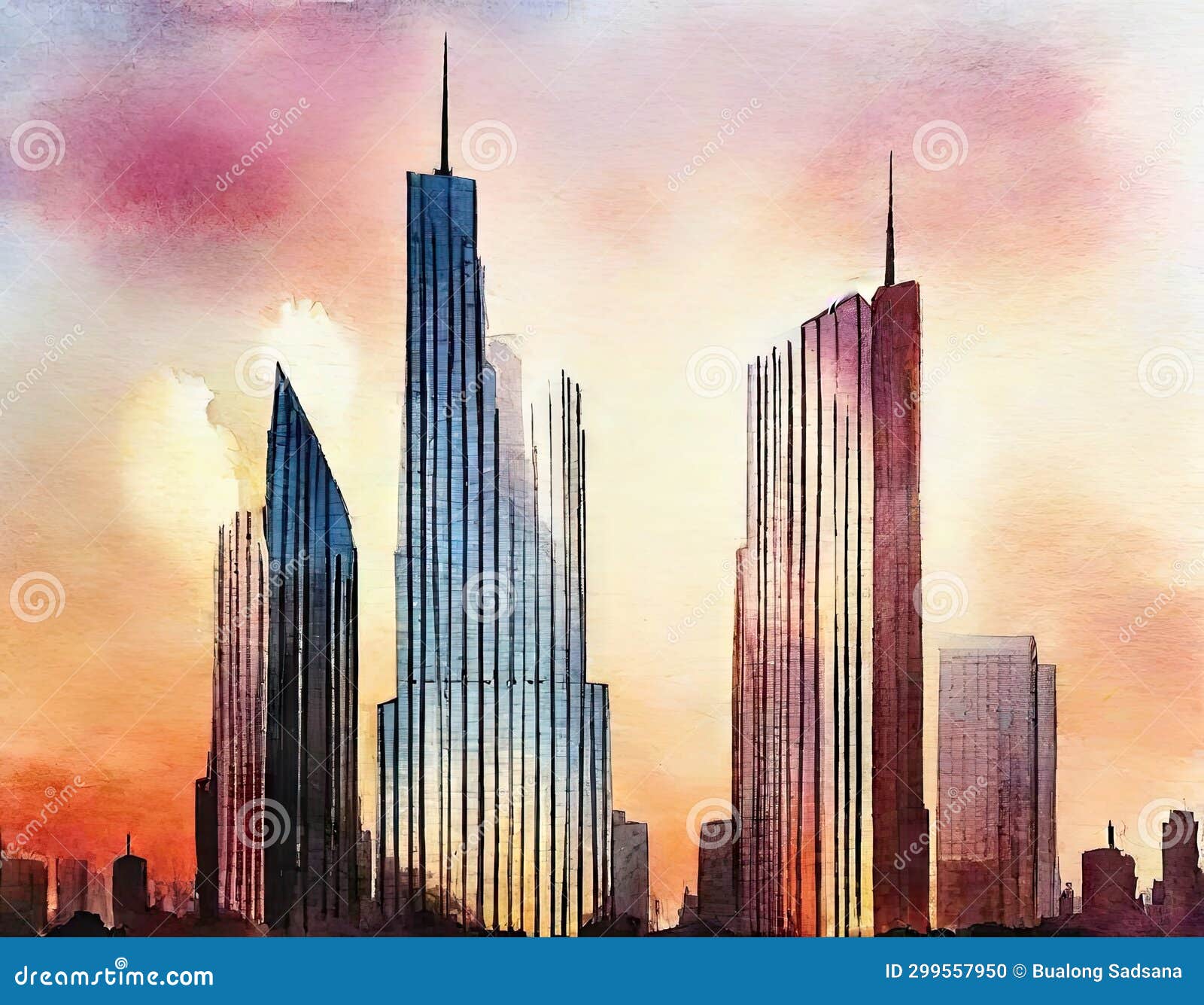 Watercolor of Skyscraper at the Sunset Stock Illustration ...