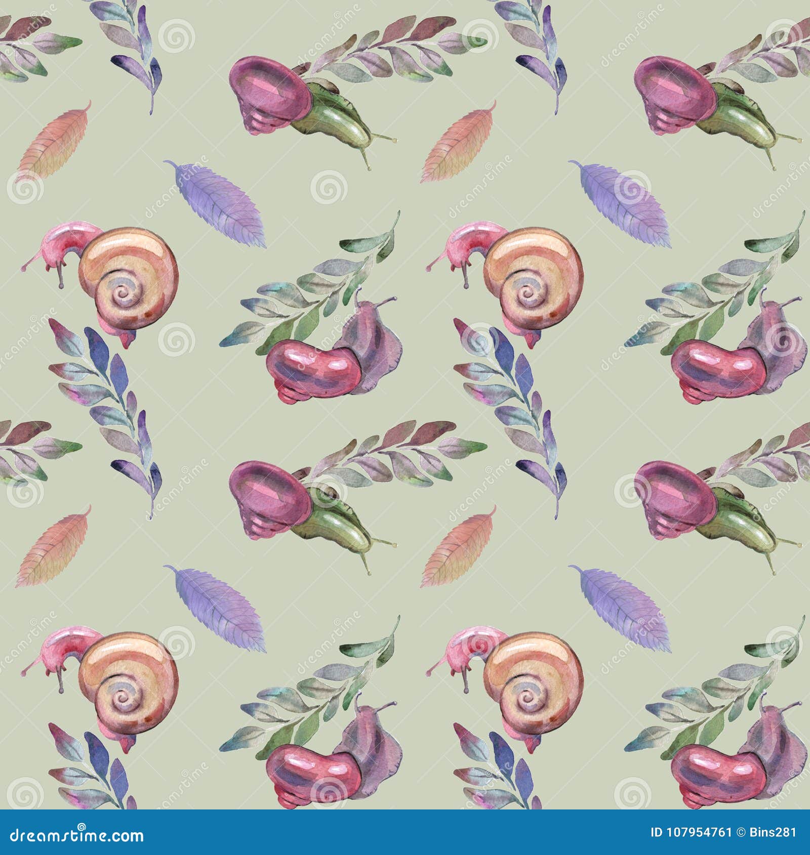 Watercolor snails stock illustration. Illustration of flowers - 107954761