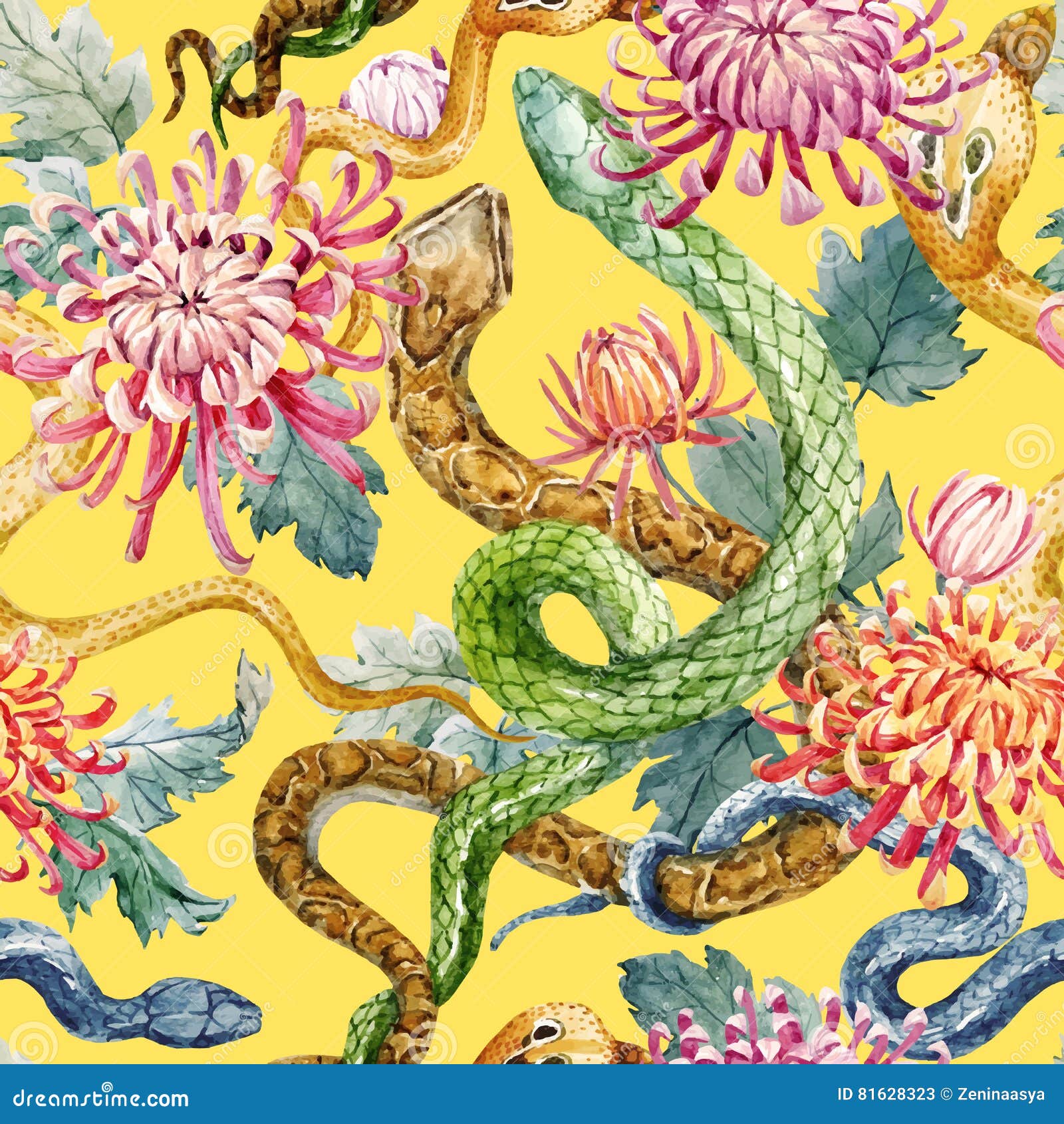 Watercolor Snake and Flowers Pattern Stock Vector - Illustration of ...
