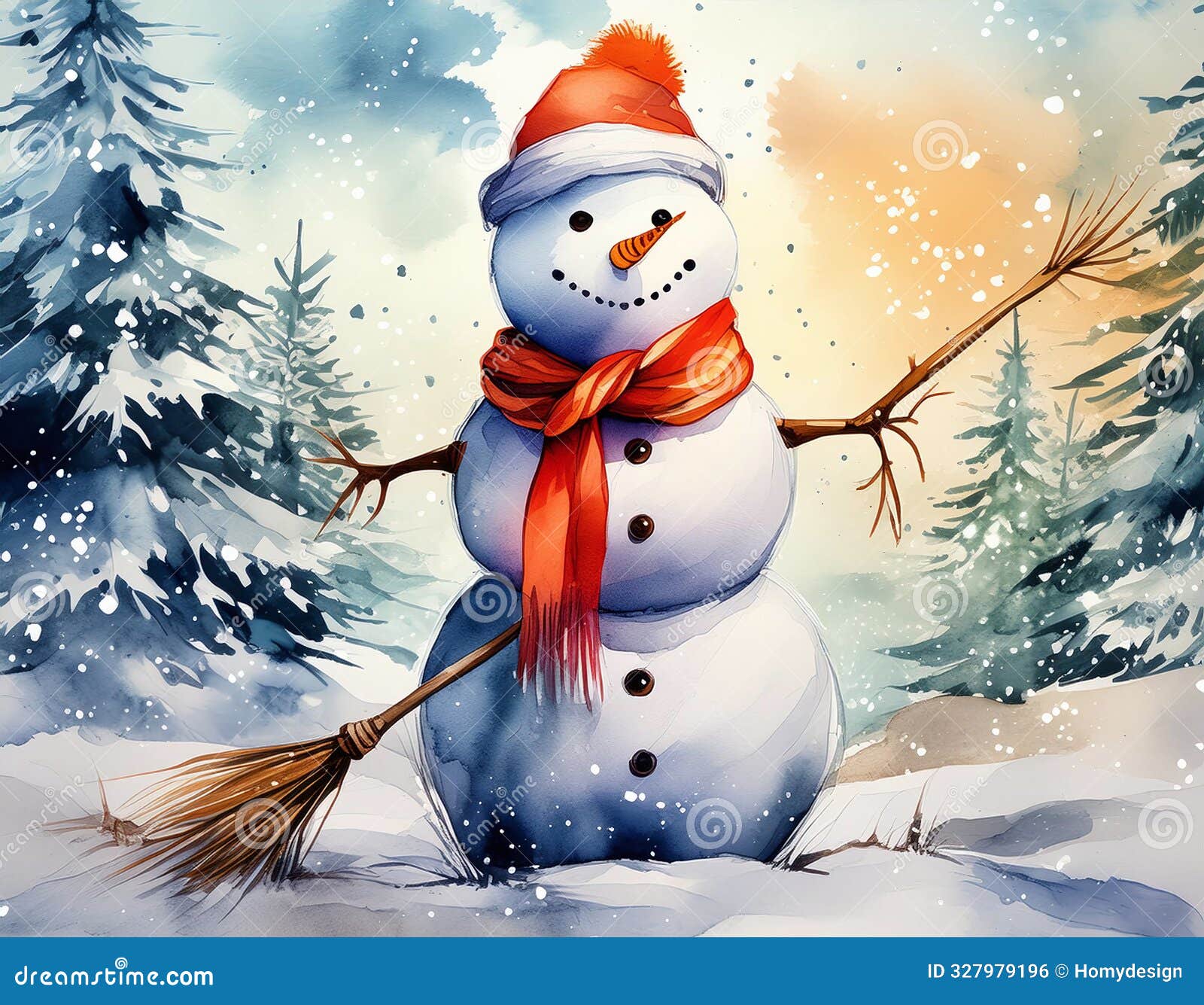 A Watercolor Snowman in a Wintry Scene with a Broom Stock Illustration ...