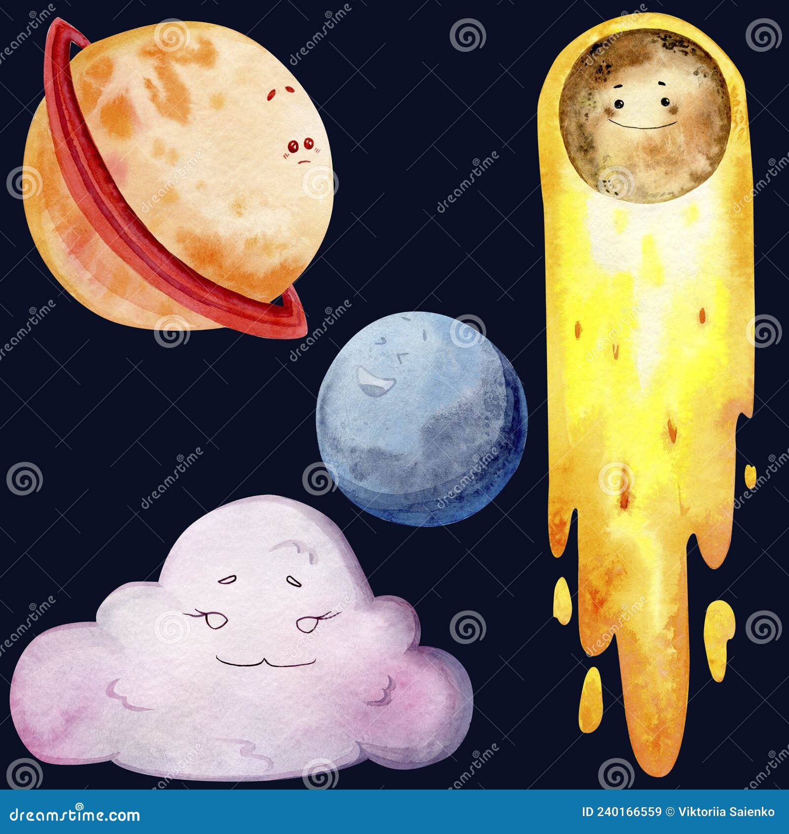 Watercolor Space Comet Planets Cloud Set Cute Stock Illustration ...