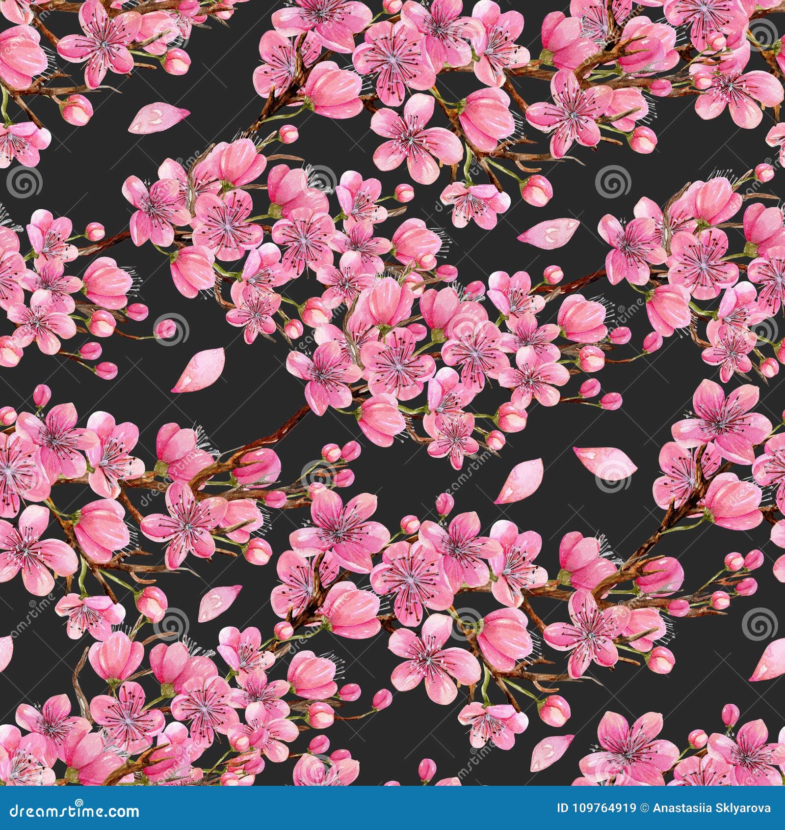 Watercolor Spring Blooming Cherry Tree Branches Seamless Pattern Stock ...
