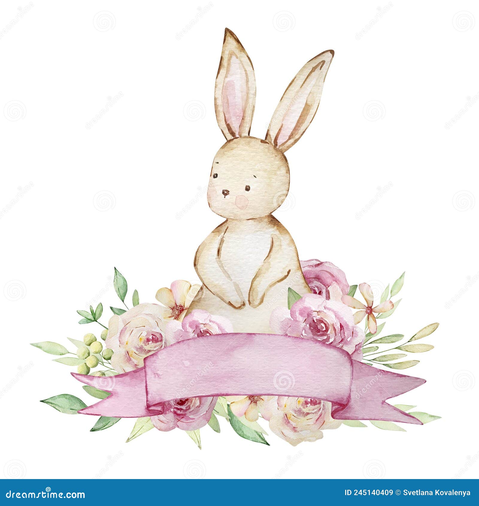 Watercolor Spring Easter Illustration Bunny with Flowers Stock Image ...