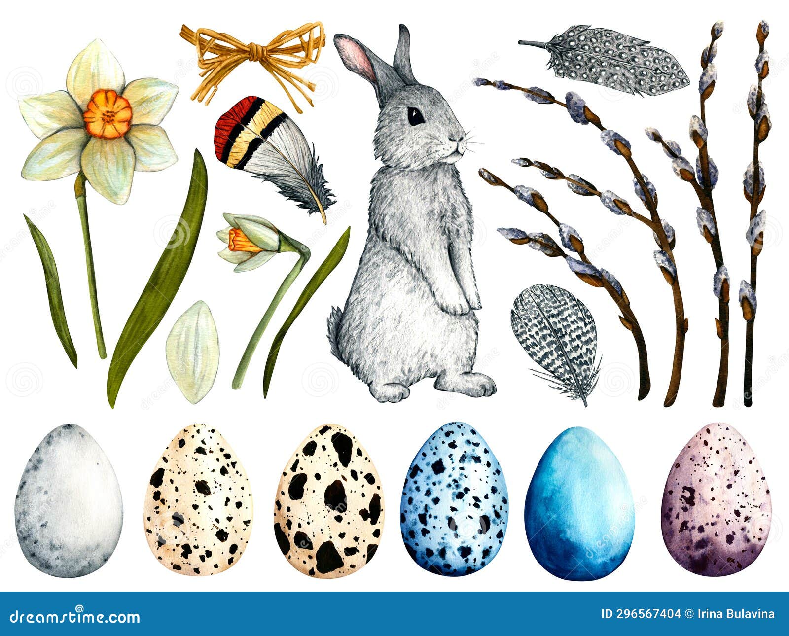 Watercolor Spring Easter Illustration with Flowers Daffodil, Willow Branches, Hare, Rabbit ...