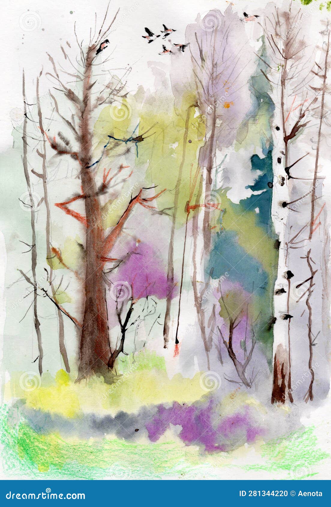 Watercolor spring forest stock illustration. Illustration of cerulean ...