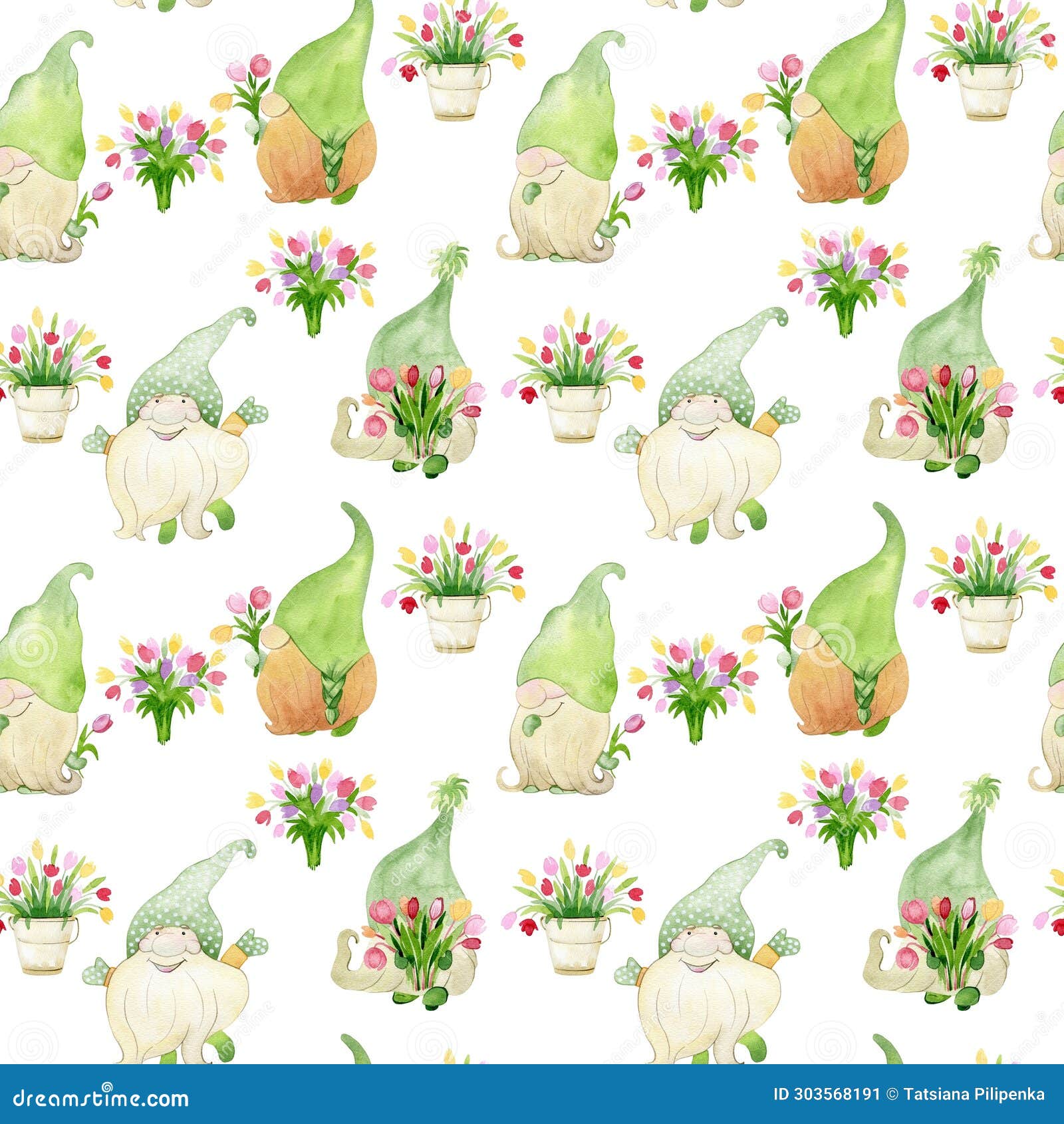 Watercolor spring gnomes stock image. Image of child - 303568191