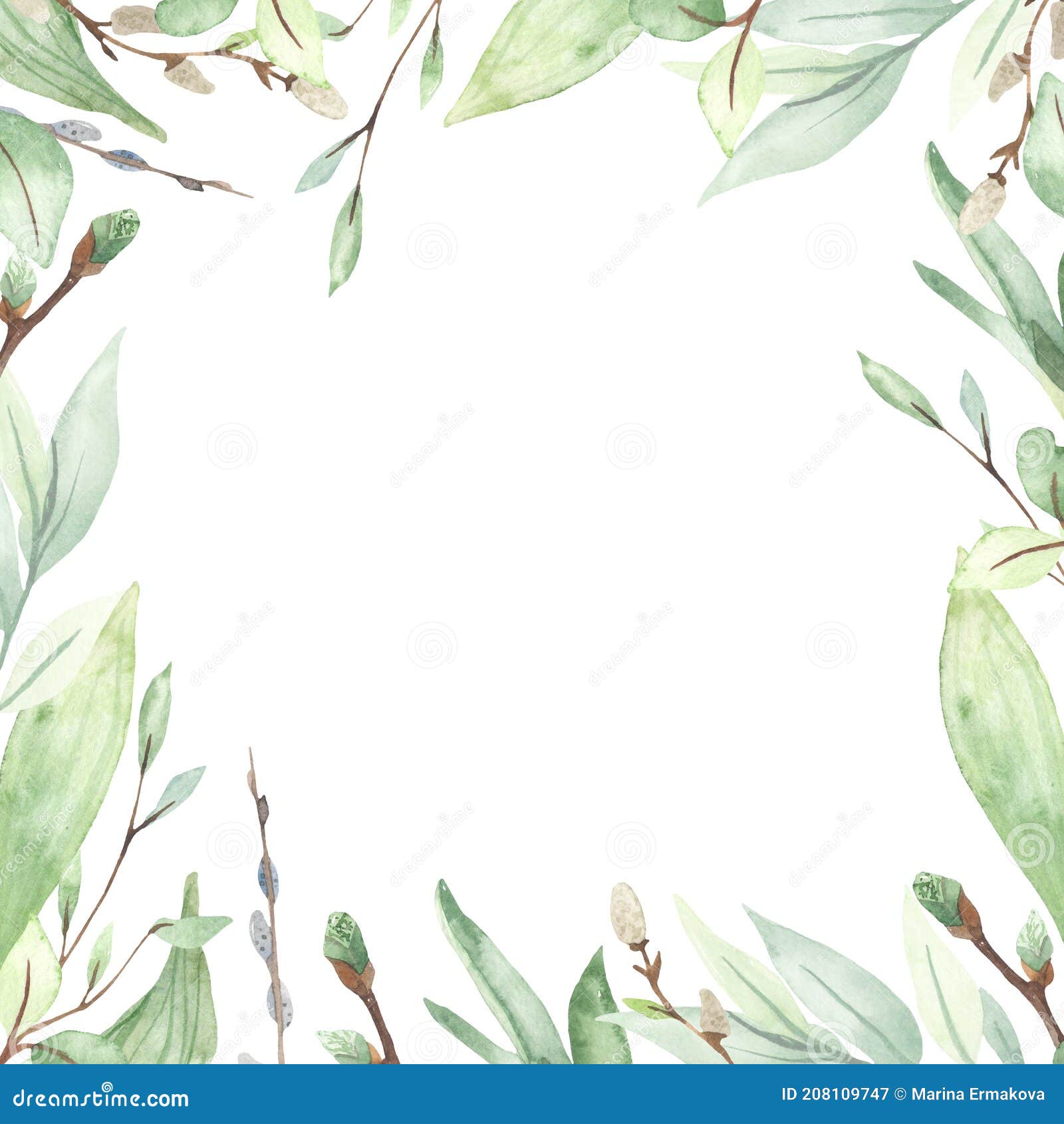 Watercolor Square Frame with Delicate Spring Greenery, Leaves, Branches ...