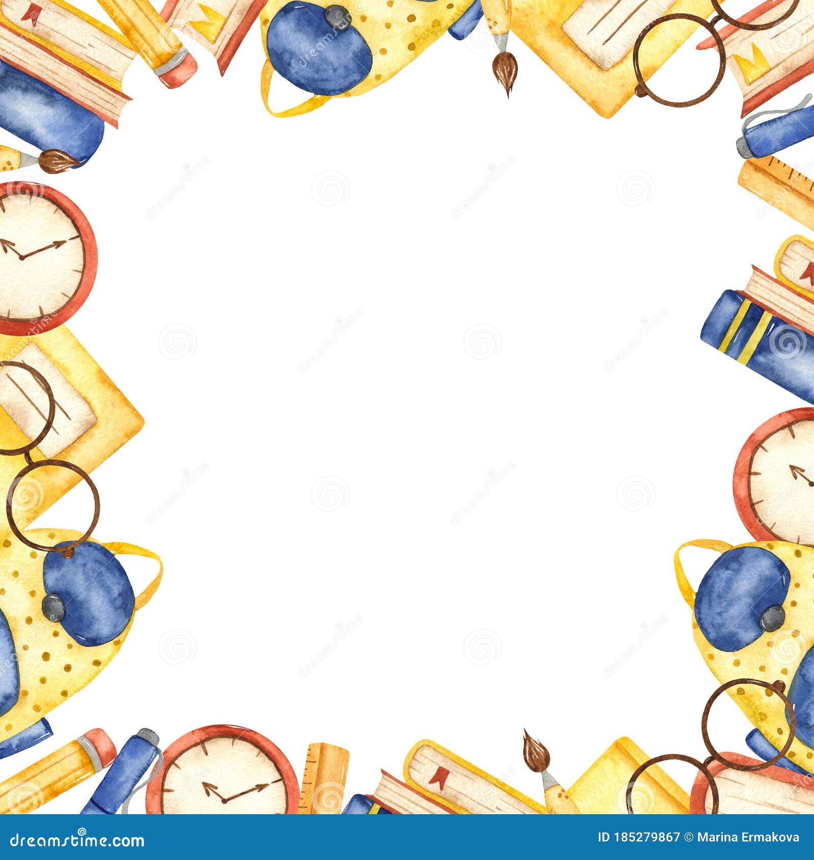 Watercolor Square Frame With School Objects, School Bag, Books ...