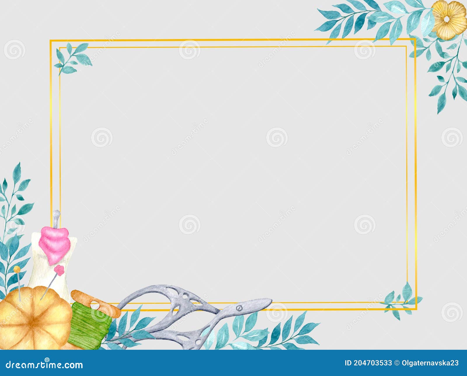 Watercolor Square Frame with Sewing Tools, Vintage Scissors, Bobbin of ...