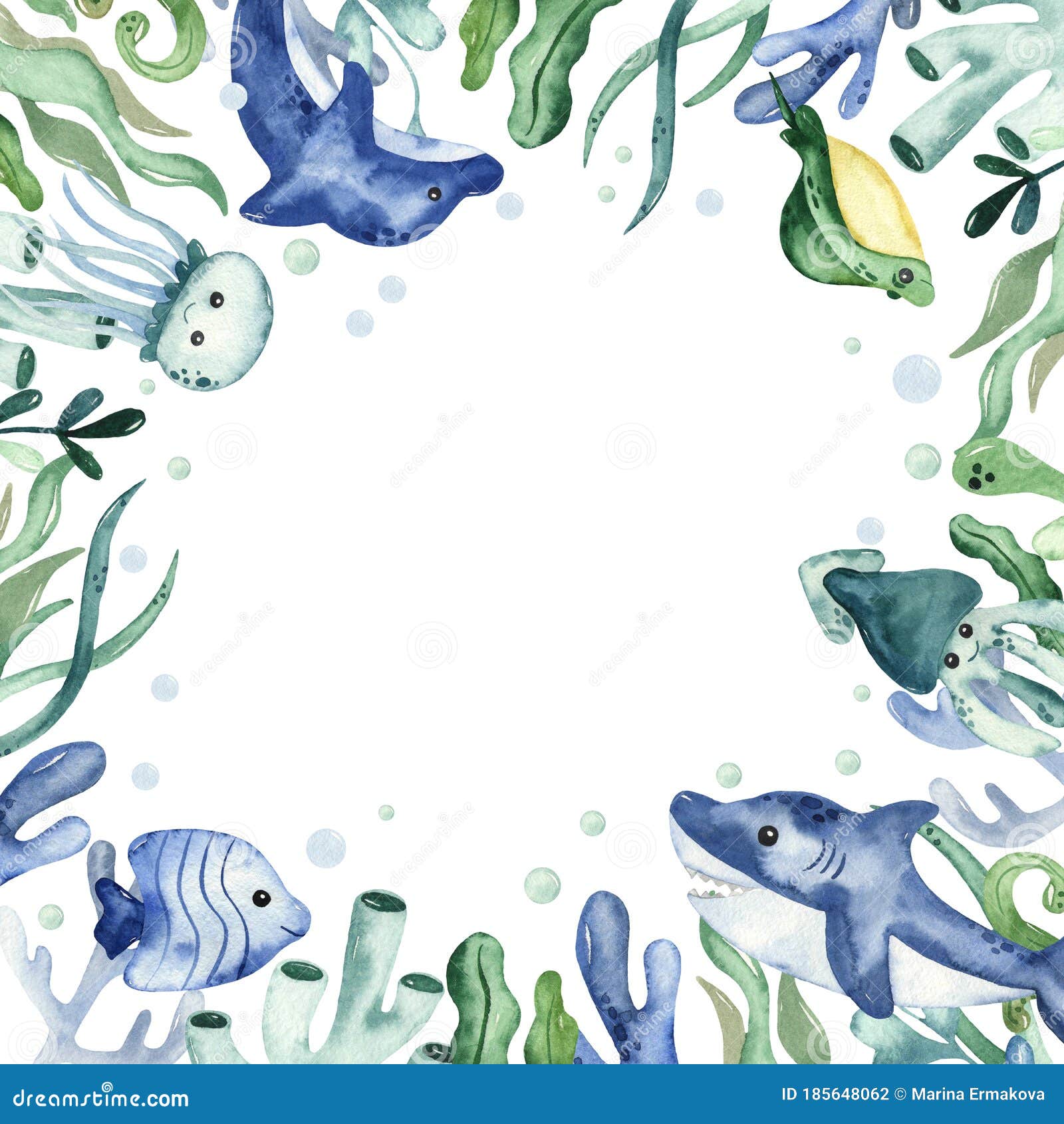 Watercolor Square Frame with Underwater Creatures, Algae Stock ...