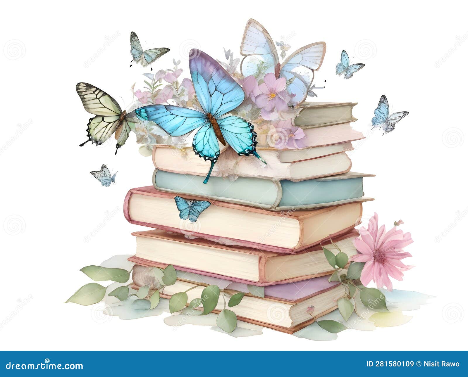 Watercolor With Stack Of Books Butterfly Flower Green Leaves Stock