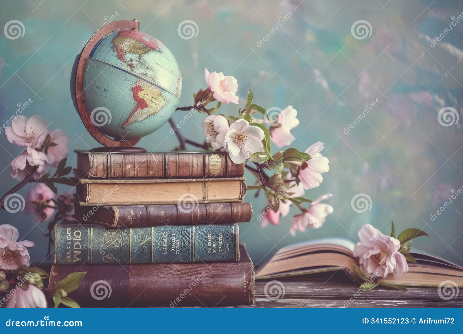 Watercolor Stack of Books with Earth Globe Illustration with World Book ...