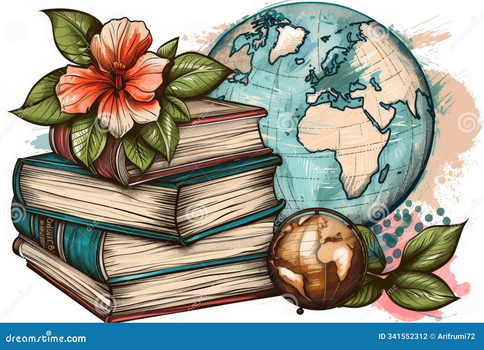 Watercolor Stack of Books with Earth Globe Illustration with World Book ...