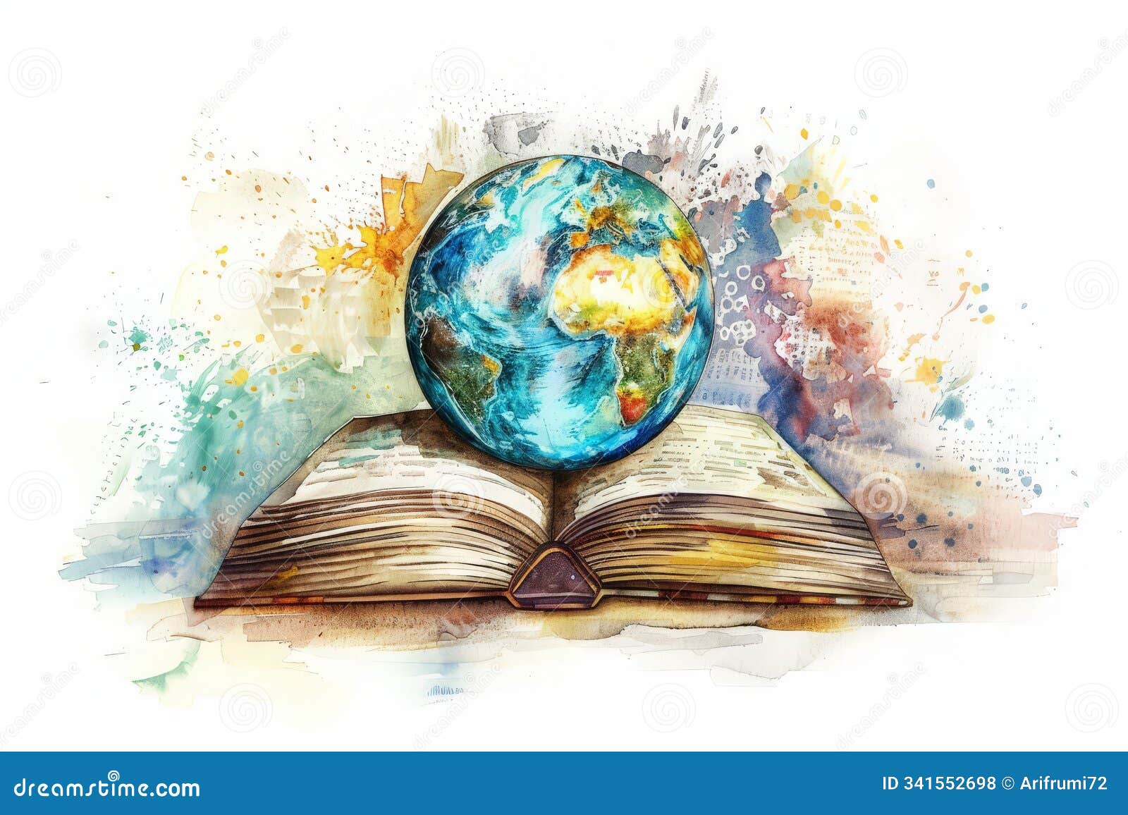 Watercolor Stack of Books with Earth Globe Illustration with World Book ...