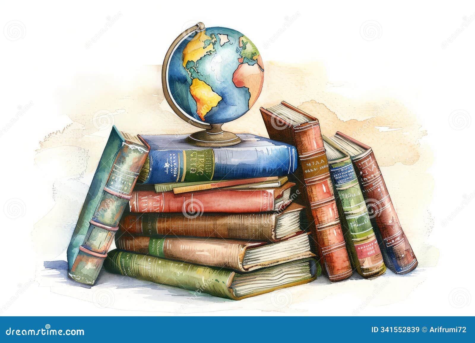 Watercolor Stack of Books with Earth Globe Illustration with World Book ...