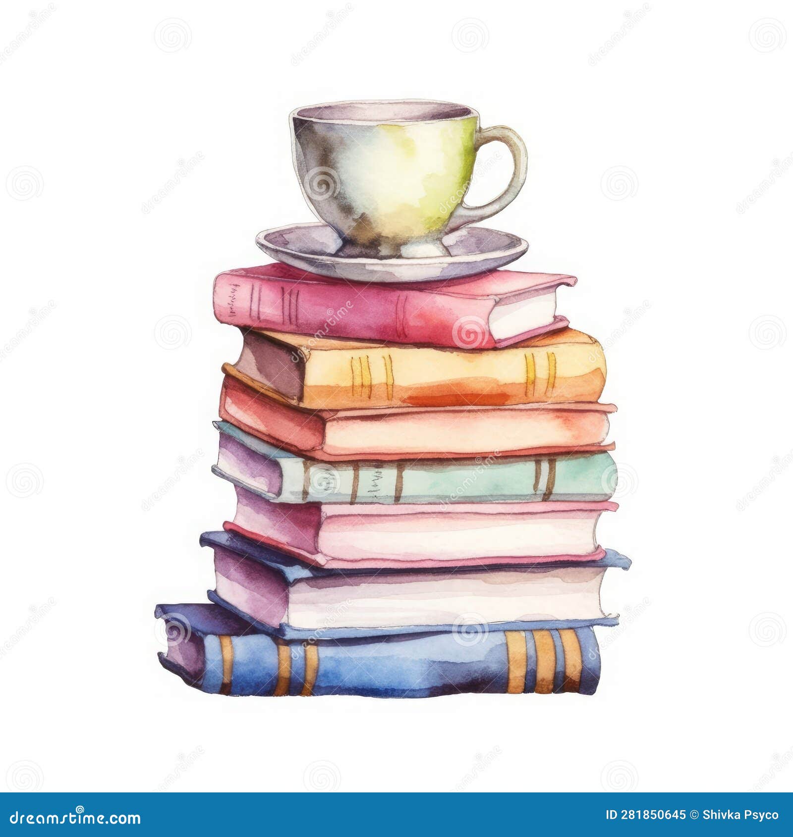Watercolor Stack of Books with Teacup Clipart on White Background Stock ...
