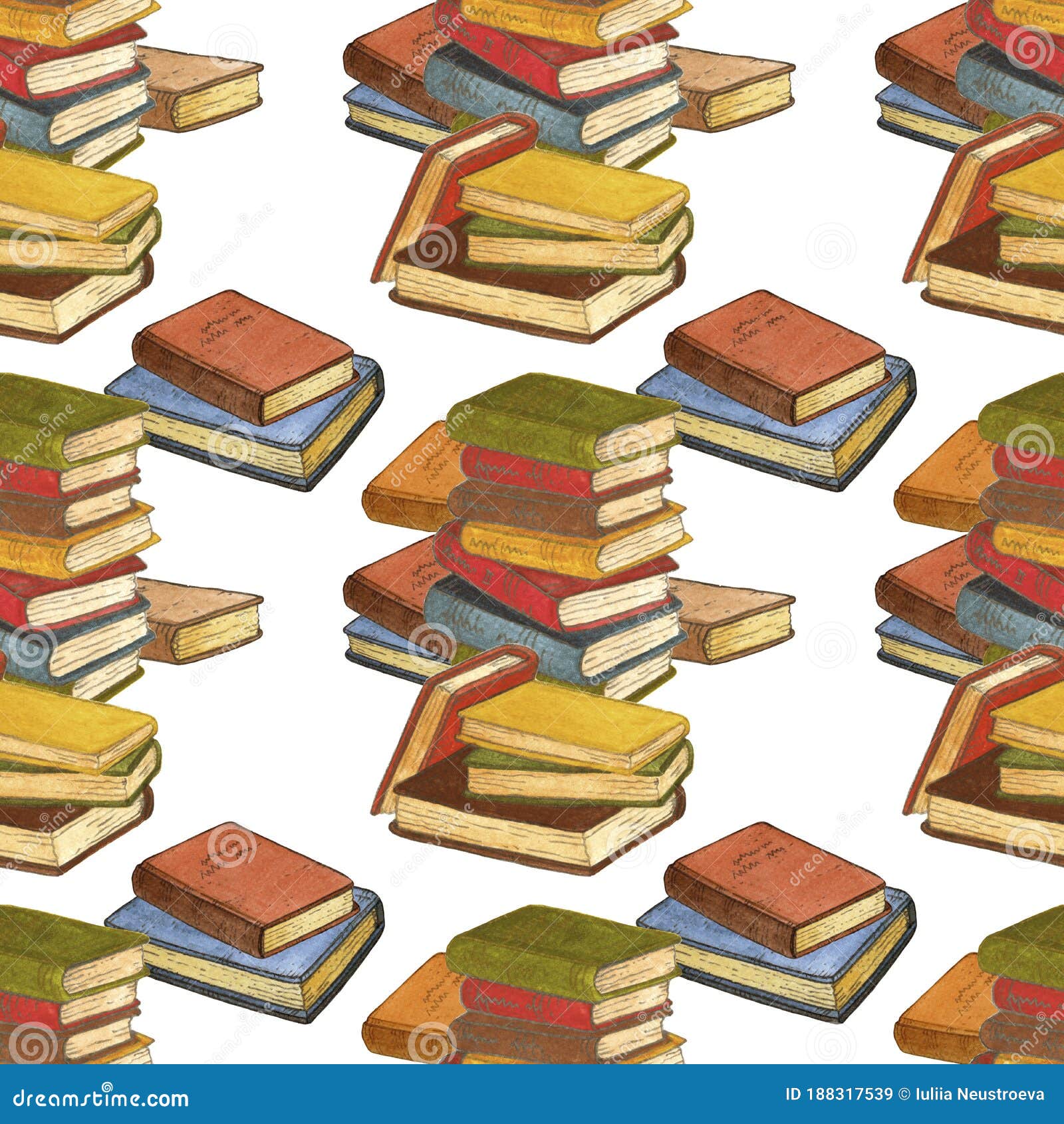 Watercolor Stack of Vintage Books Illustration Seamless Pattern Stock ...