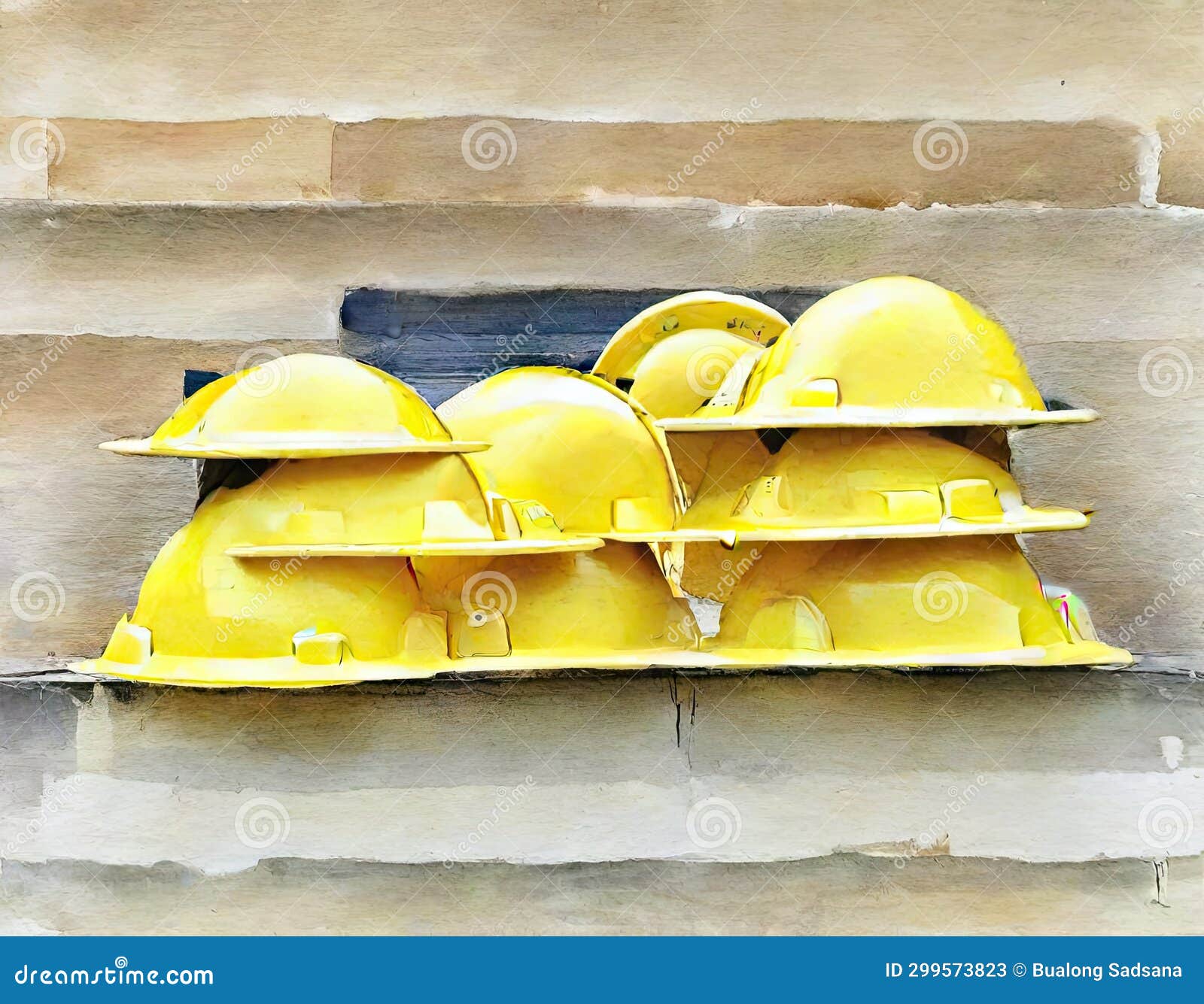 Watercolor of Stack of Yellow Hard Hats on a Construction Site Stock ...