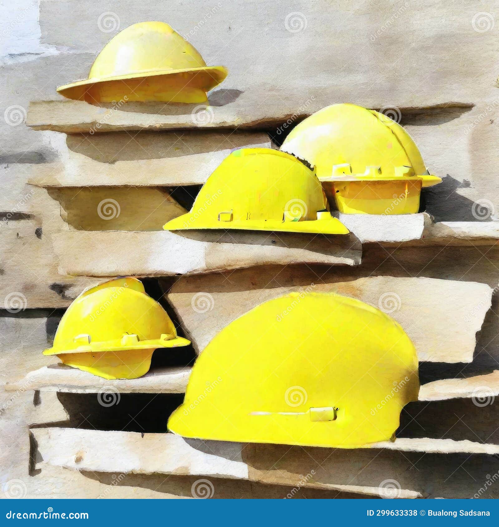 Watercolor of Stack of Yellow Hard Hats on a Construction Site Stock ...