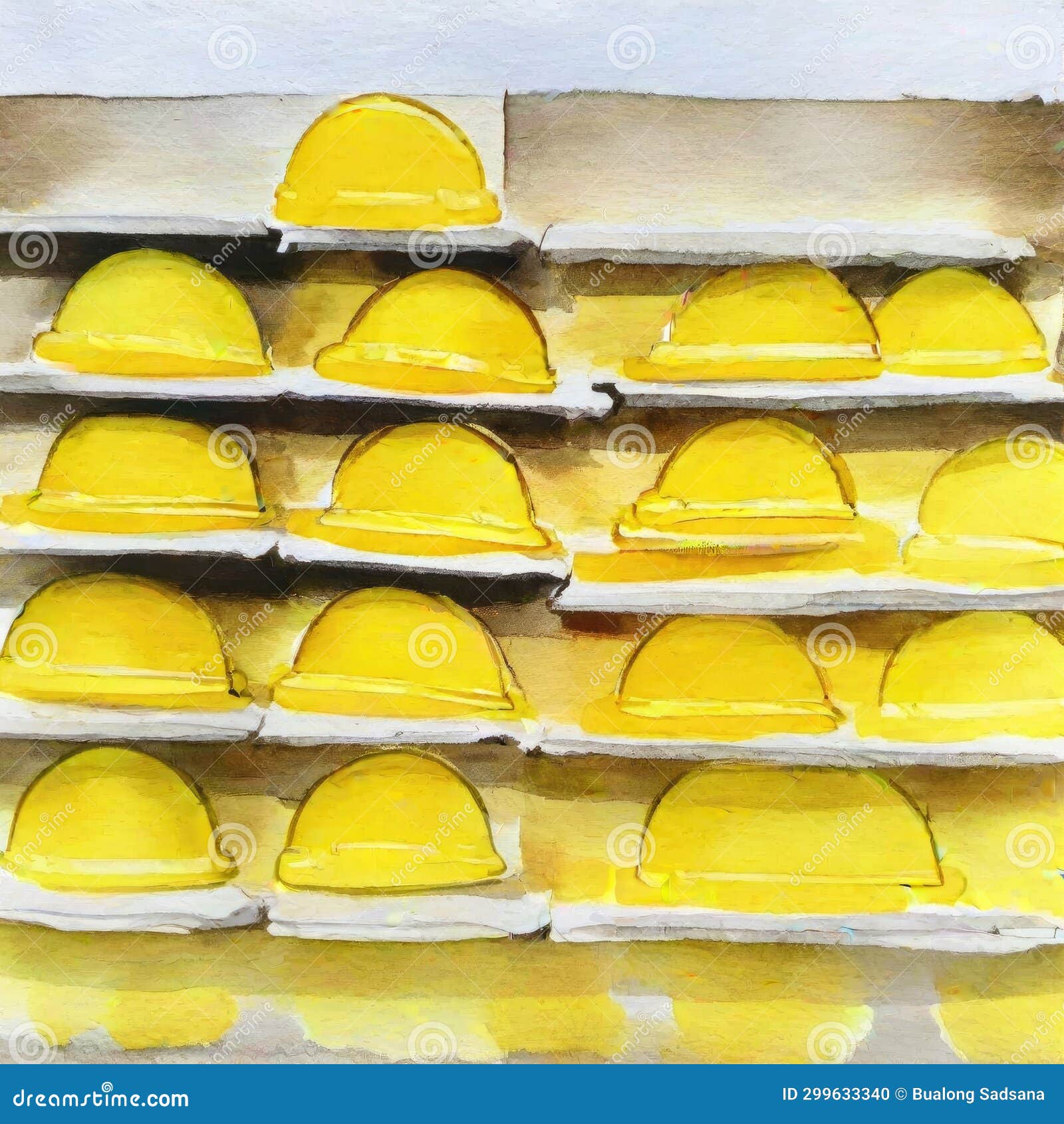 Watercolor of Stack of Yellow Hard Hats on a Construction Site Stock ...
