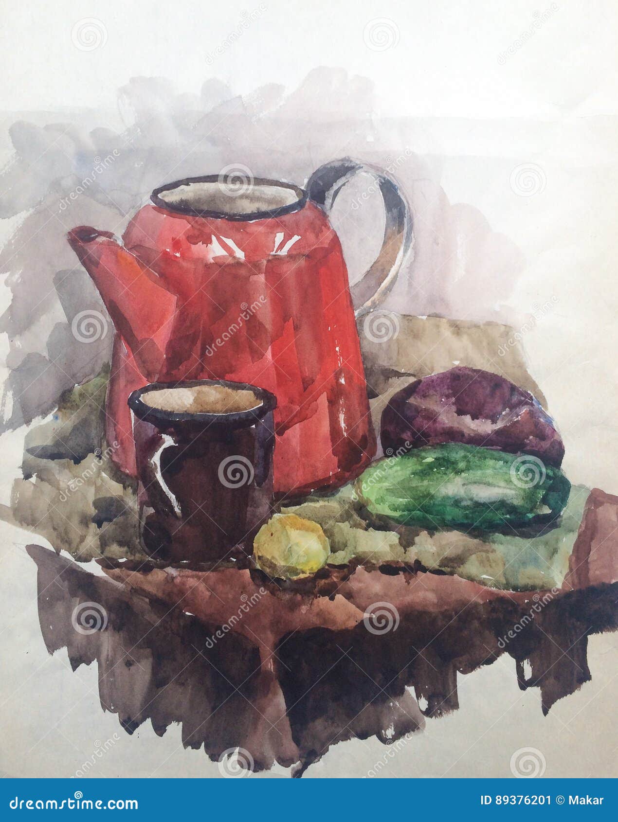 Watercolor Still Life with a Red Kettle Stock Illustration ...