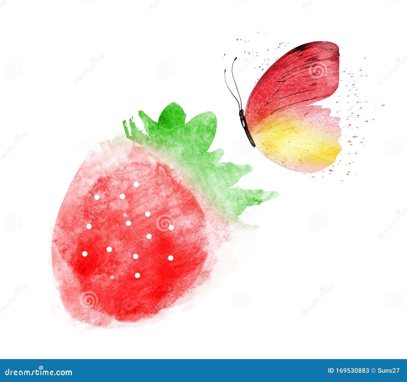 Watercolor Strawberry with Butterfly Stock Illustration - Illustration ...