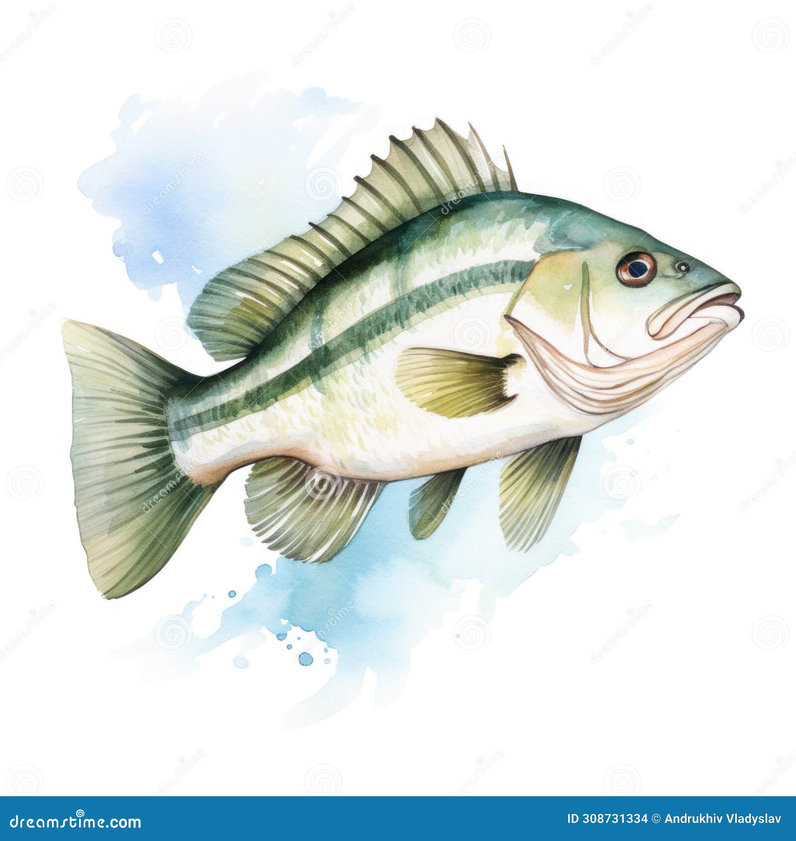 Watercolor-Style Bass Fish with White Background Stock Illustration ...