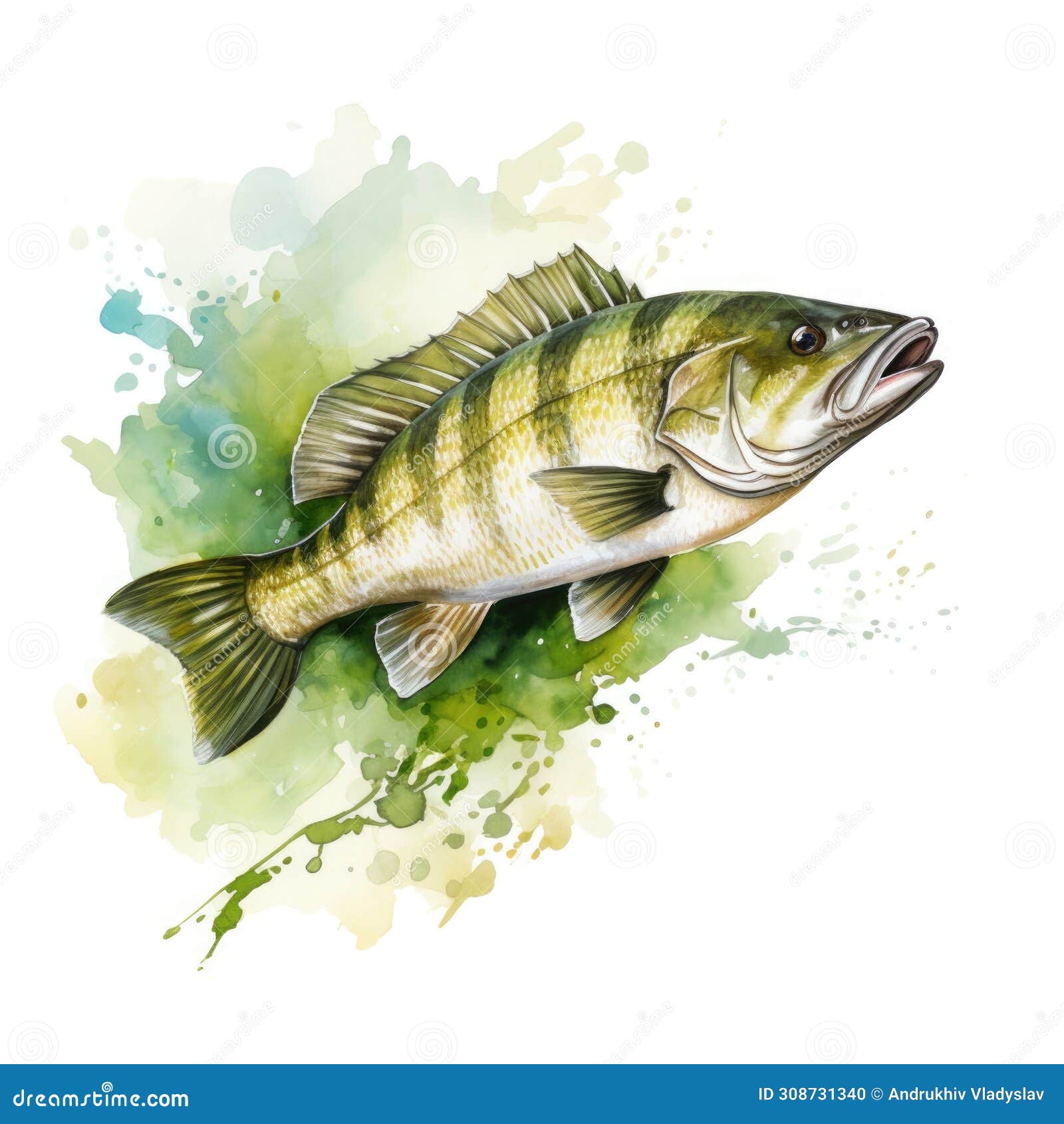 Watercolor-Style Bass Fish with White Background Stock Illustration ...
