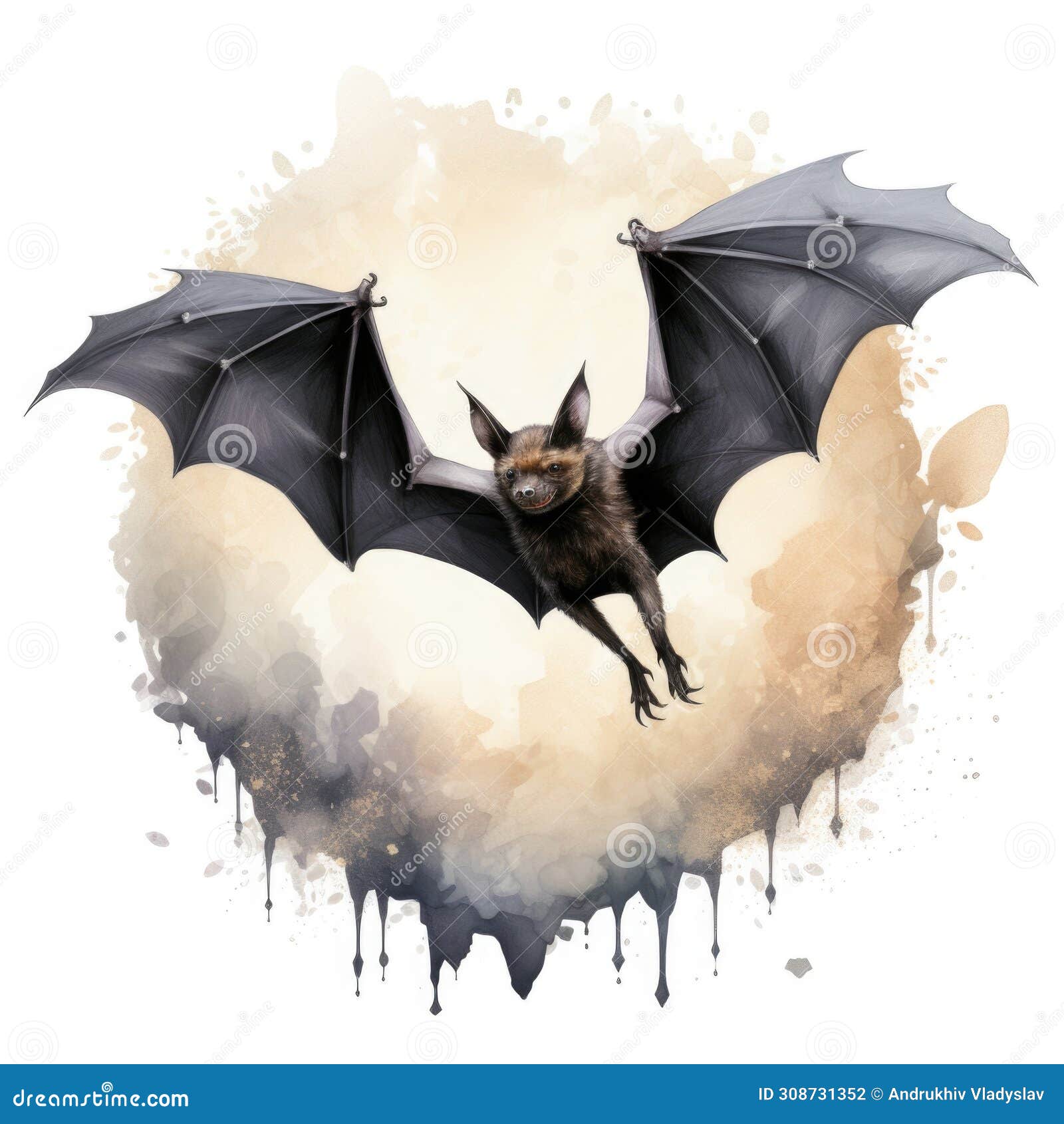 Watercolor-Style Bat Illustration with White Background Stock ...
