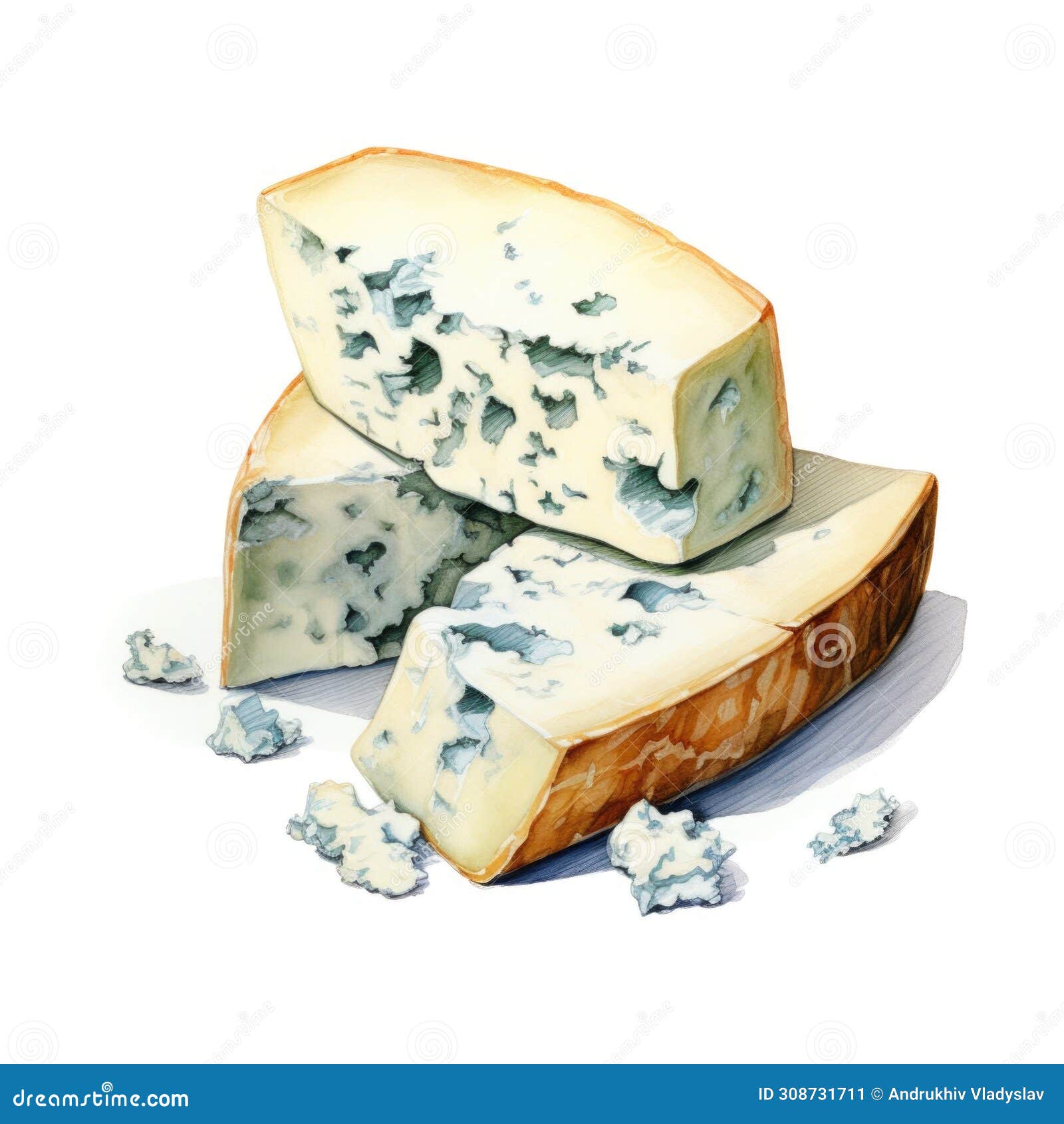 Watercolor-Style Blue Cheese with White Background Stock Illustration ...