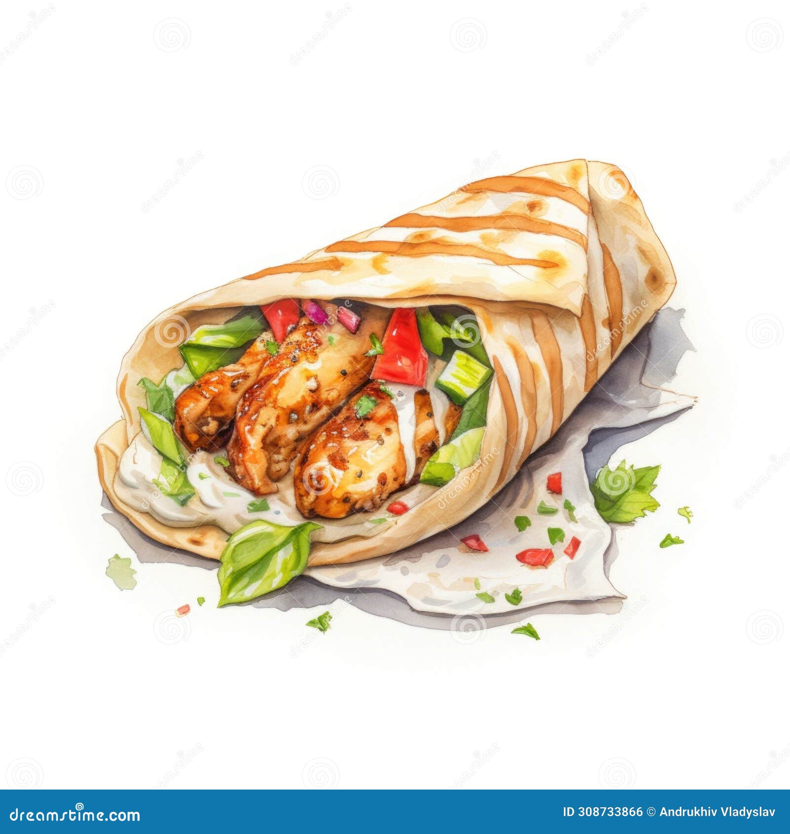 Watercolor-Style Chicken Shawarma with White Background Stock ...