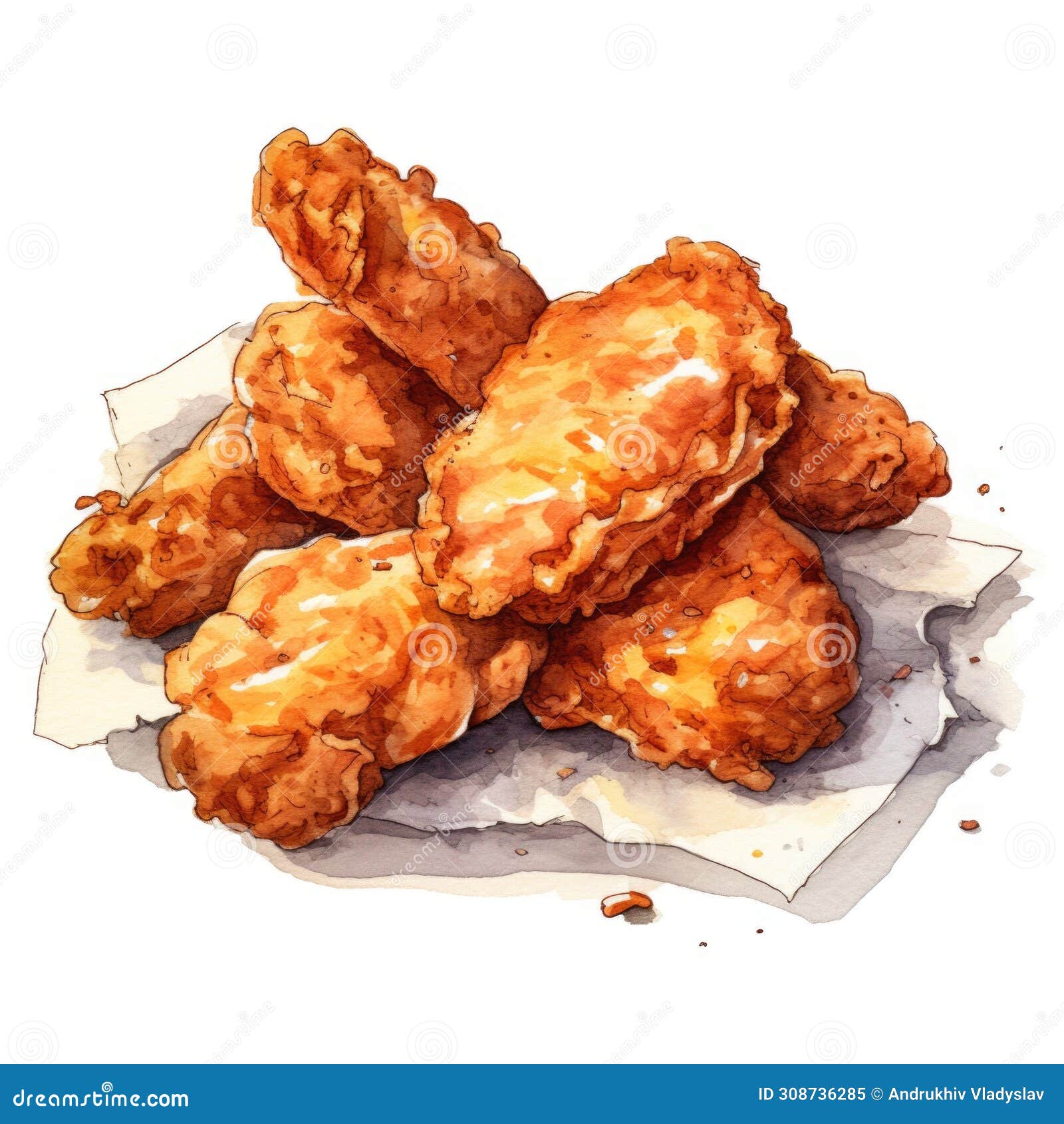 Watercolor-Style Crispy Fried Chicken Pieces Illustration with White ...