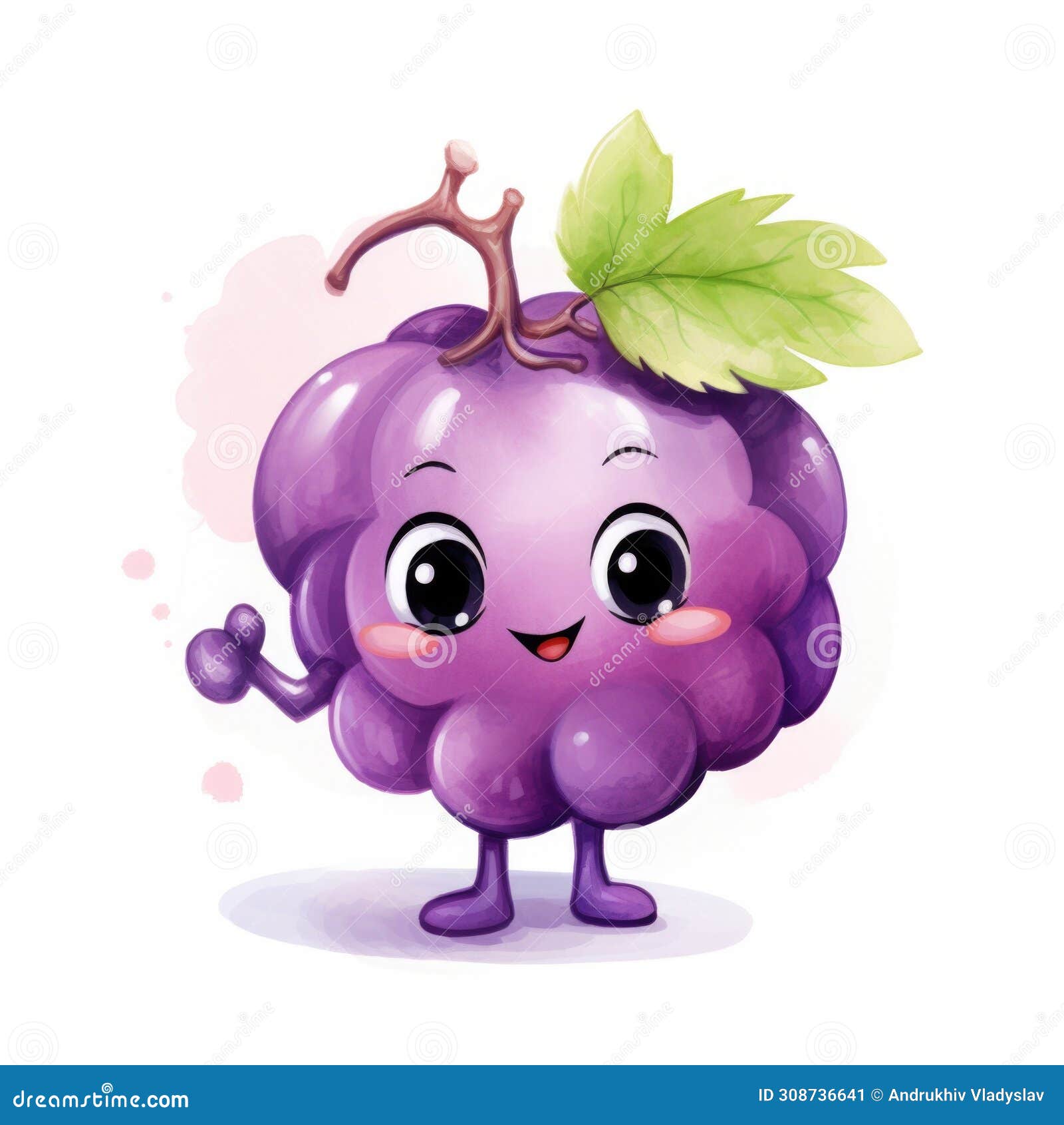 Watercolor-Style Cute Grape Character with White Background Stock ...