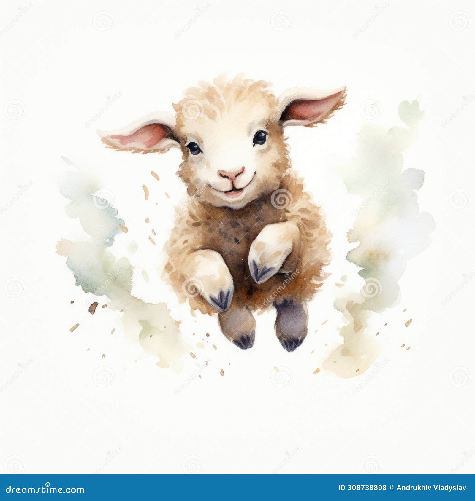 Watercolor-Style Happy Sheep Jumping with White Background Stock ...