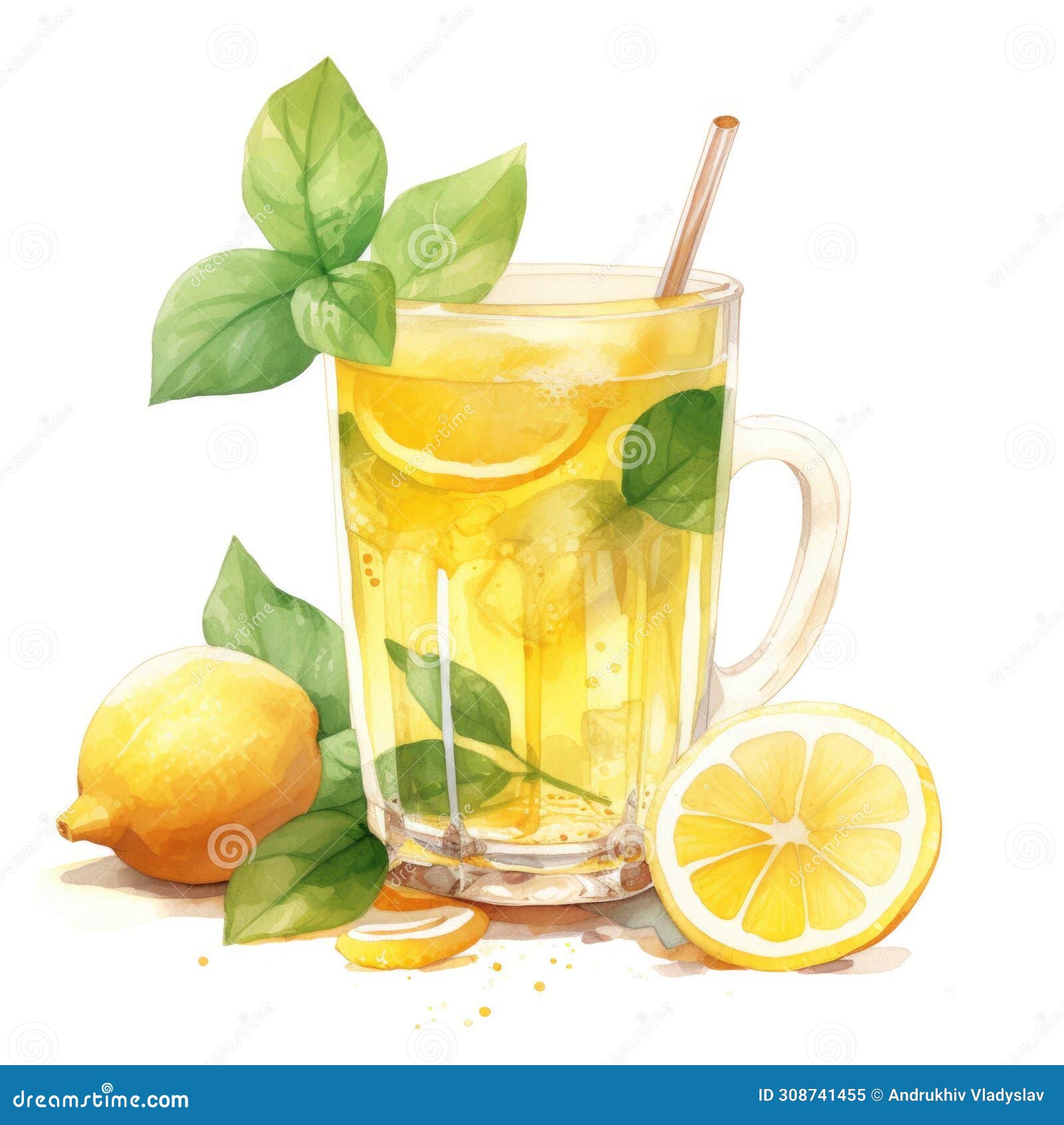 Watercolor-Style Lemon Tea Illustration with White Background Stock ...