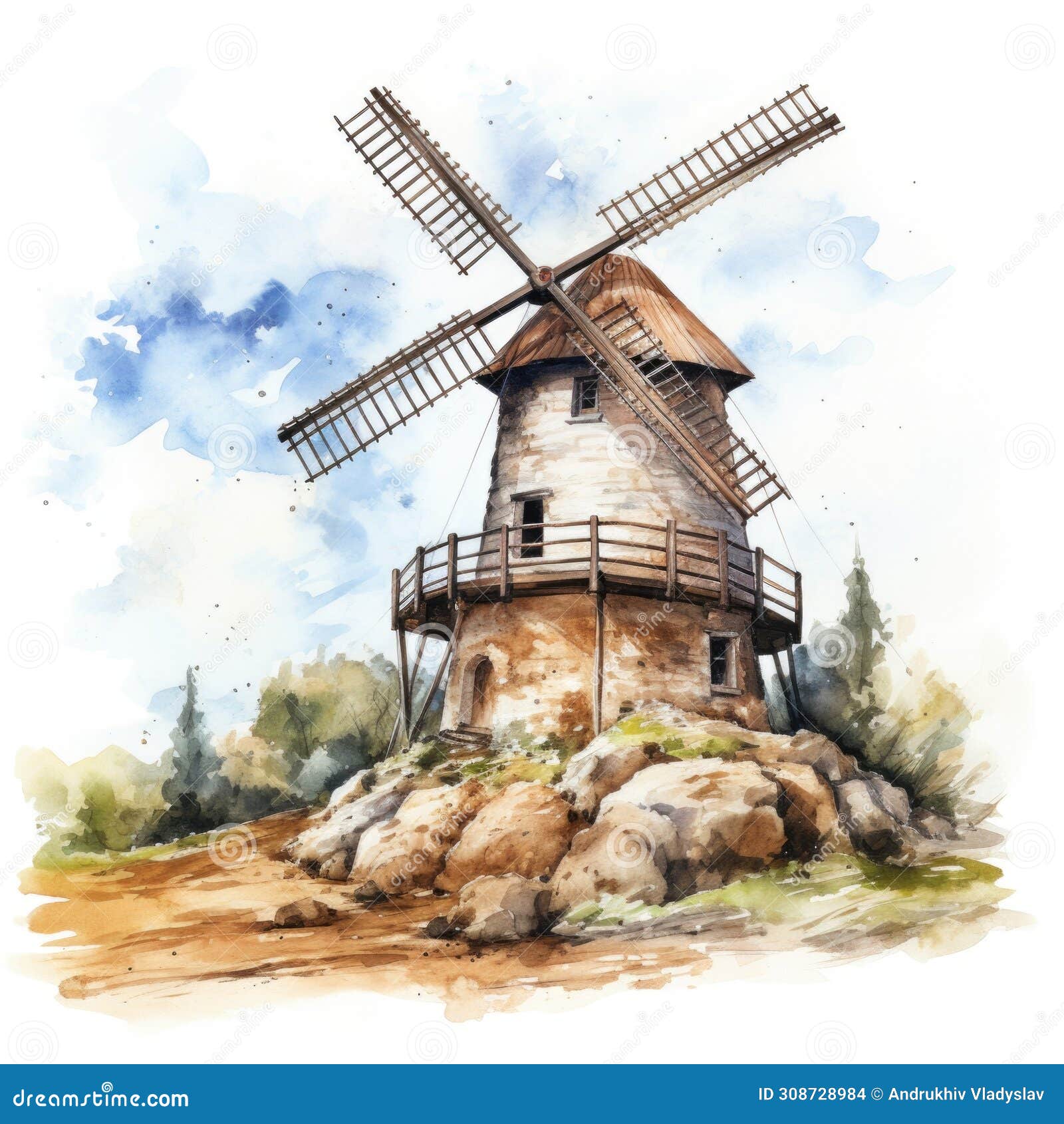 Watercolor-Style a Old Windmill with White Background Stock ...