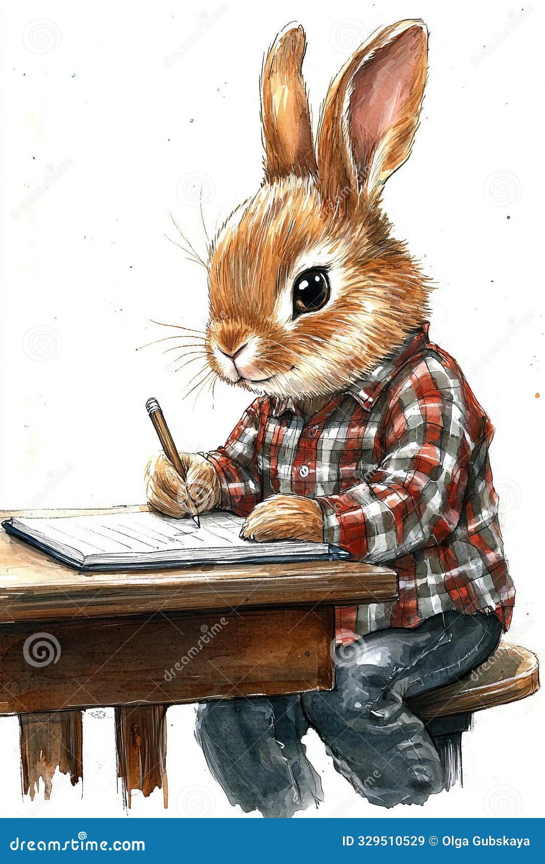 Watercolor Style Rabbit at School Writing in Notebook at School Desk ...