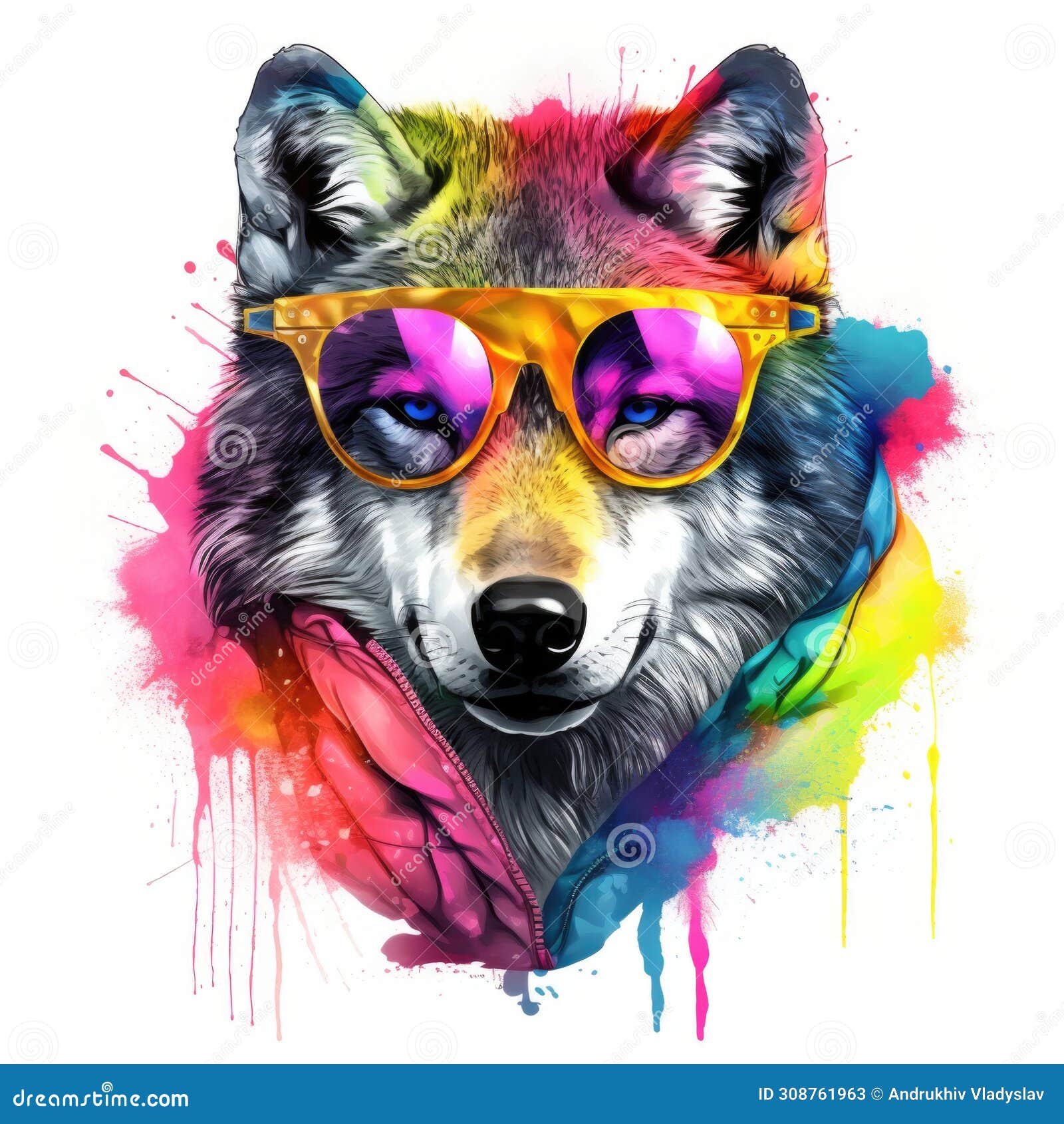 Watercolor-Style Realistic Wolf In Neon Outfits With White Background ...