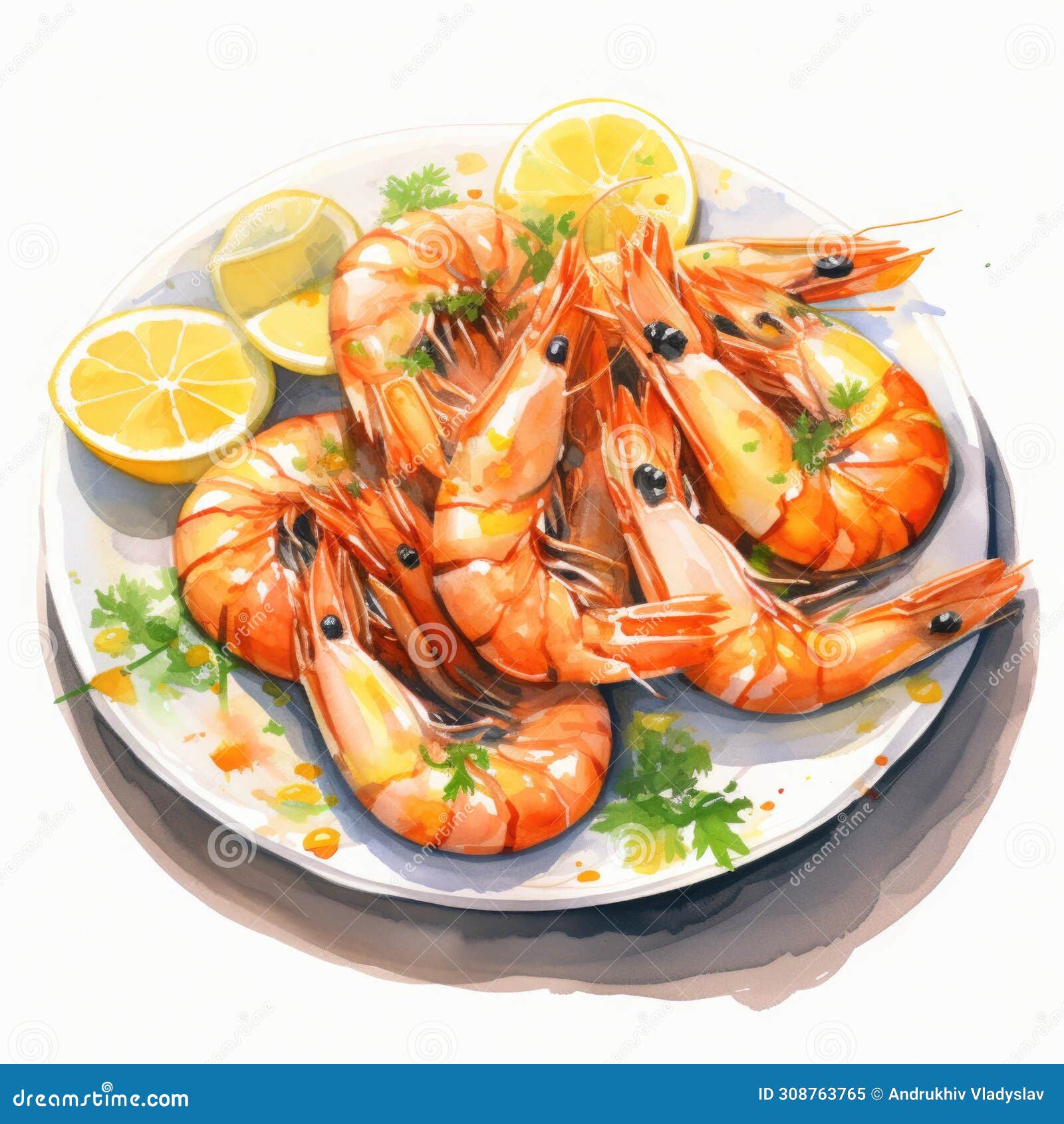 Watercolor-Style Scampi Plate with White Background Stock Illustration ...