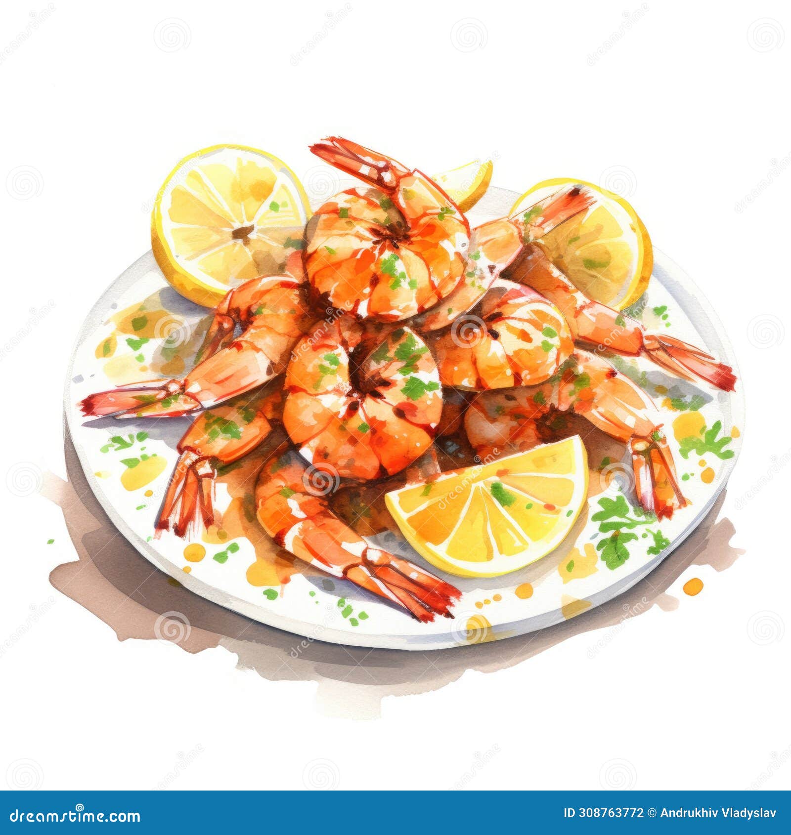 Watercolor-Style Scampi Plate with White Background Stock Illustration ...