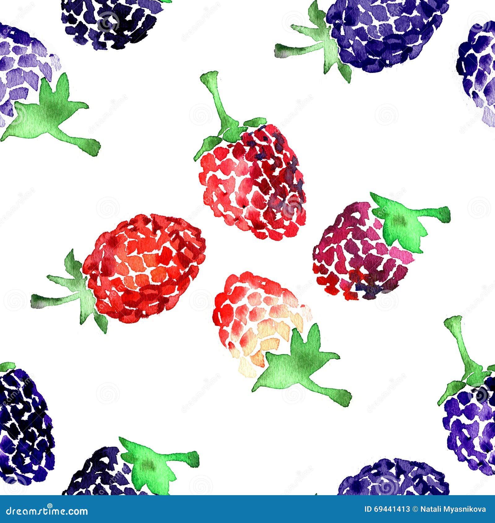 Watercolor Summer Blackberry and Raspberry Pattern Stock Illustration ...