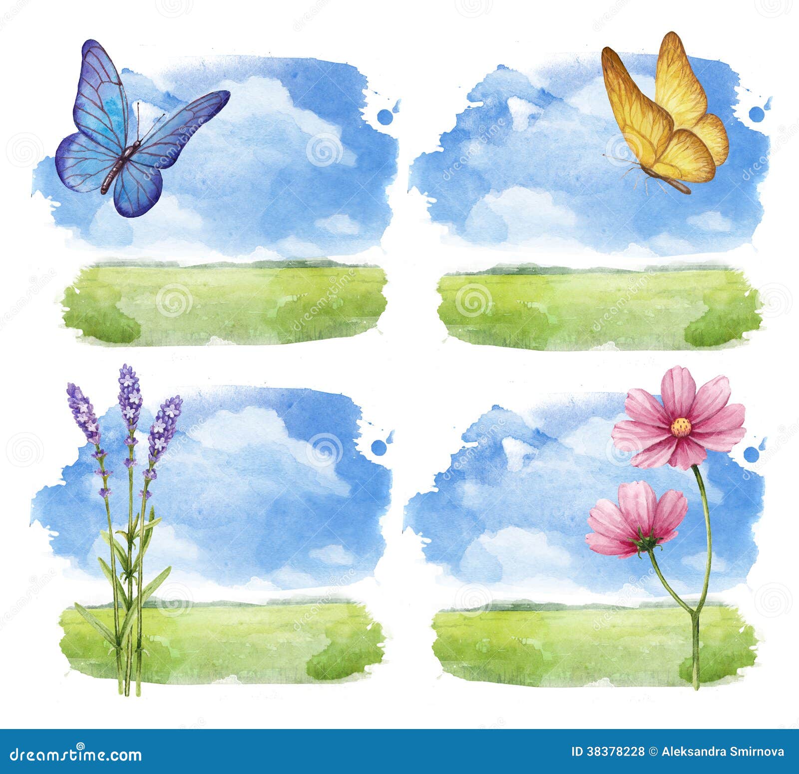 Watercolor Summer Landscape Stock Illustration - Illustration of ...