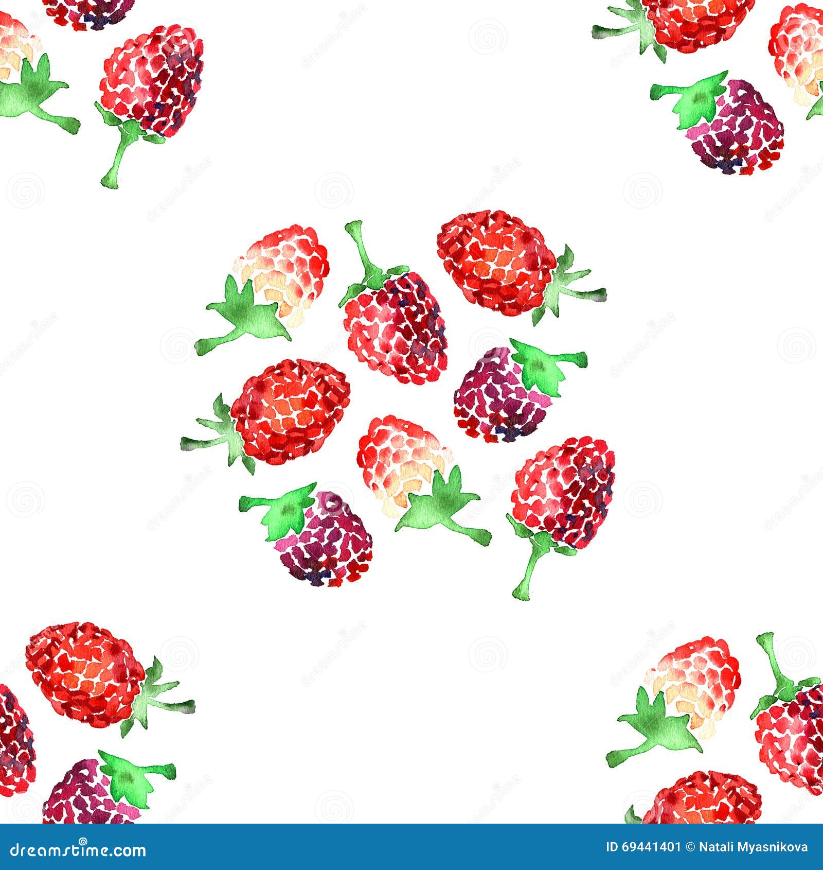Watercolor Summer Raspberry Pattern Stock Illustration - Illustration ...