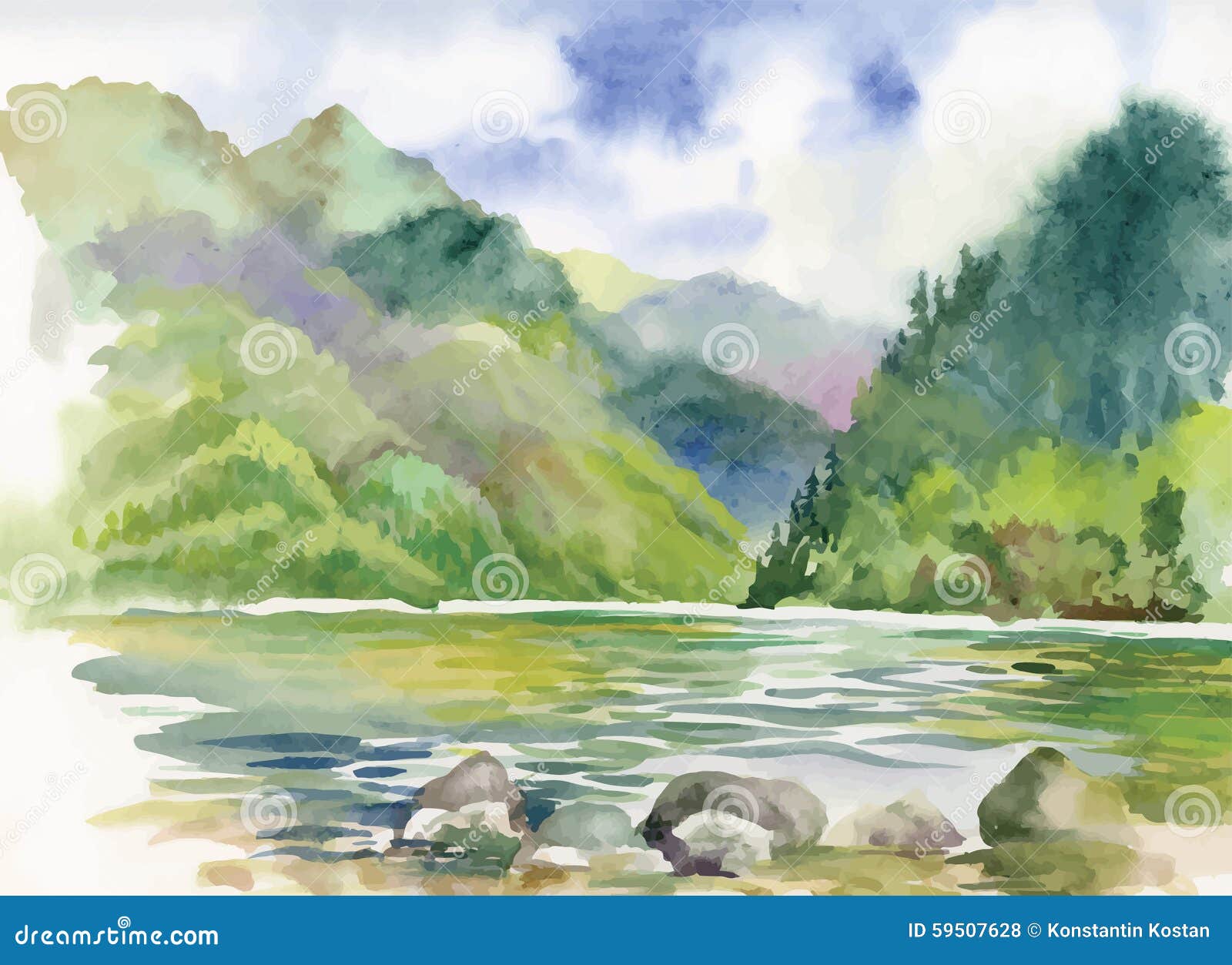 Watercolor Summer River Landscape Stock Vector - Illustration of ...